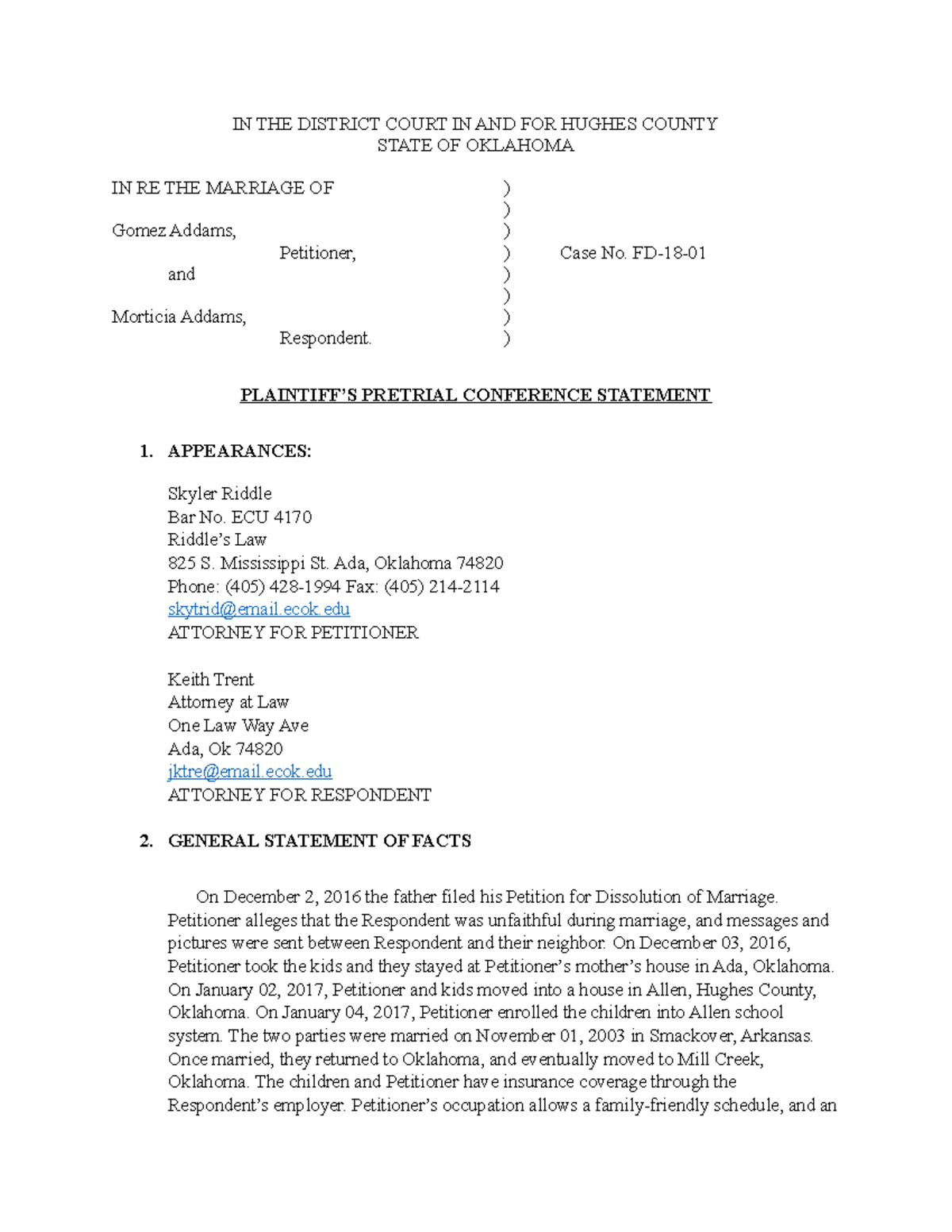 Pretrial Statement - IN THE DISTRICT COURT IN AND FOR HUGHES COUNTY ...