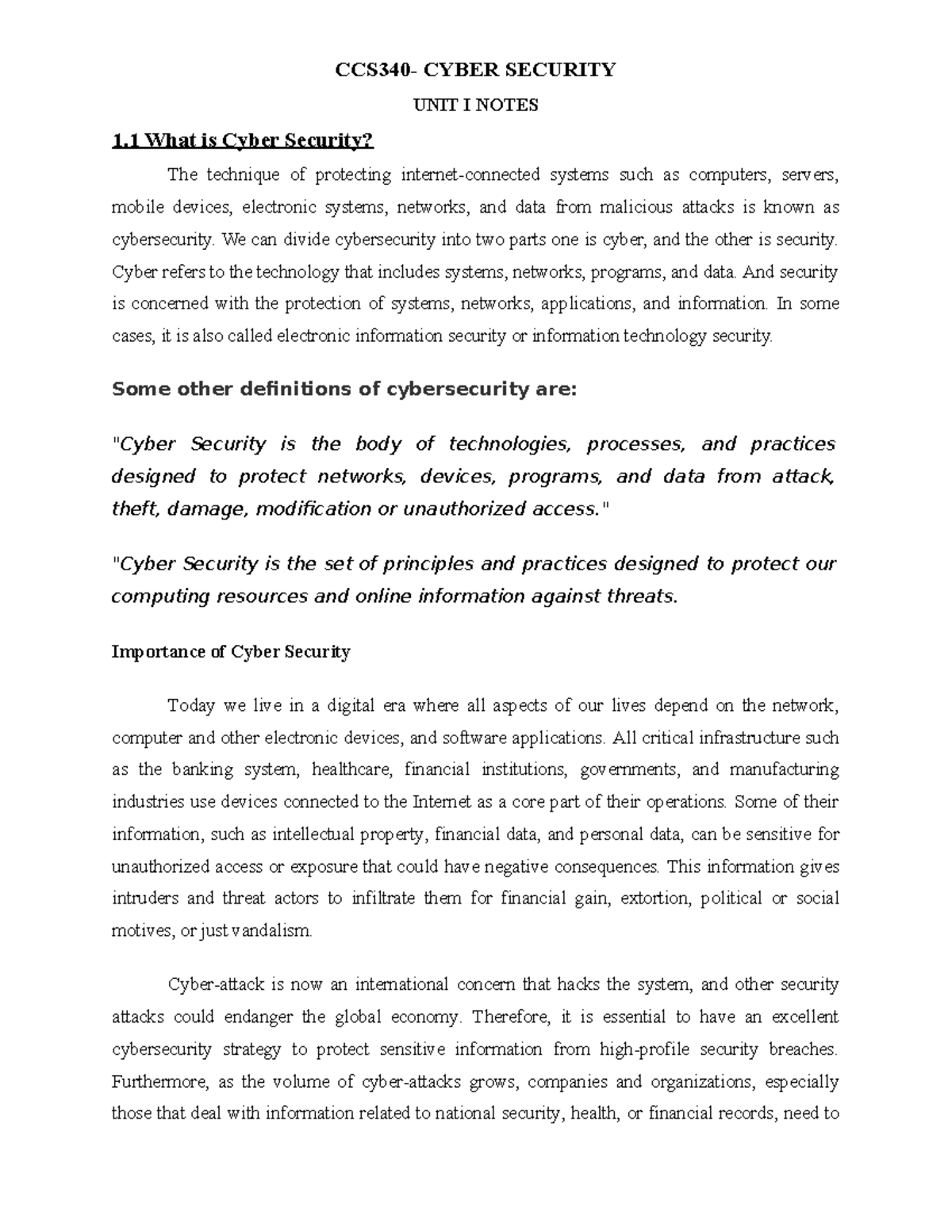 Cyber Security Unit 1 - CCS340- CYBER SECURITY UNIT I NOTES 1 What is ...