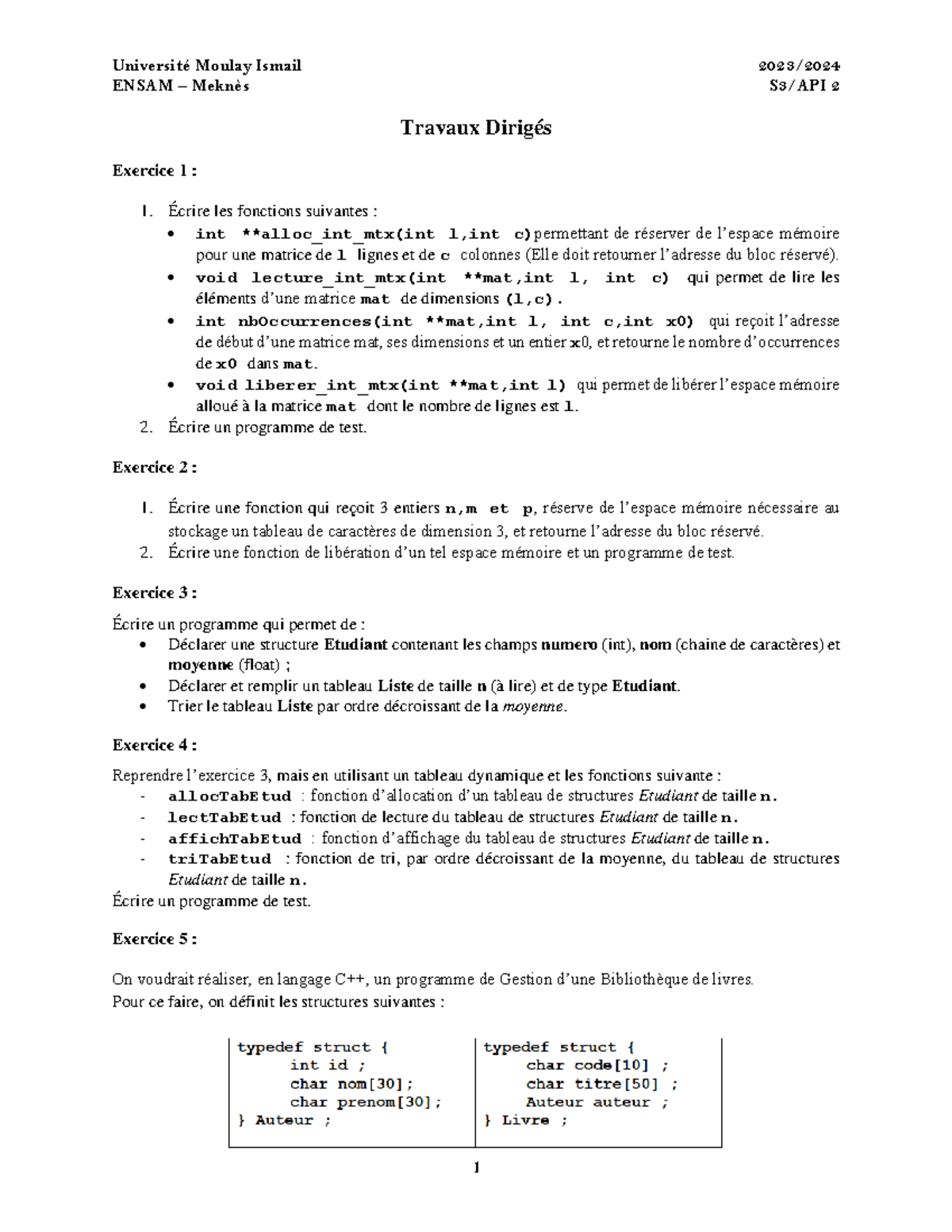 691003378 structure TP 1 - Université Moulay Ismail 2023/ ENSAM – Meknès S3/API 2 1 Travaux ...