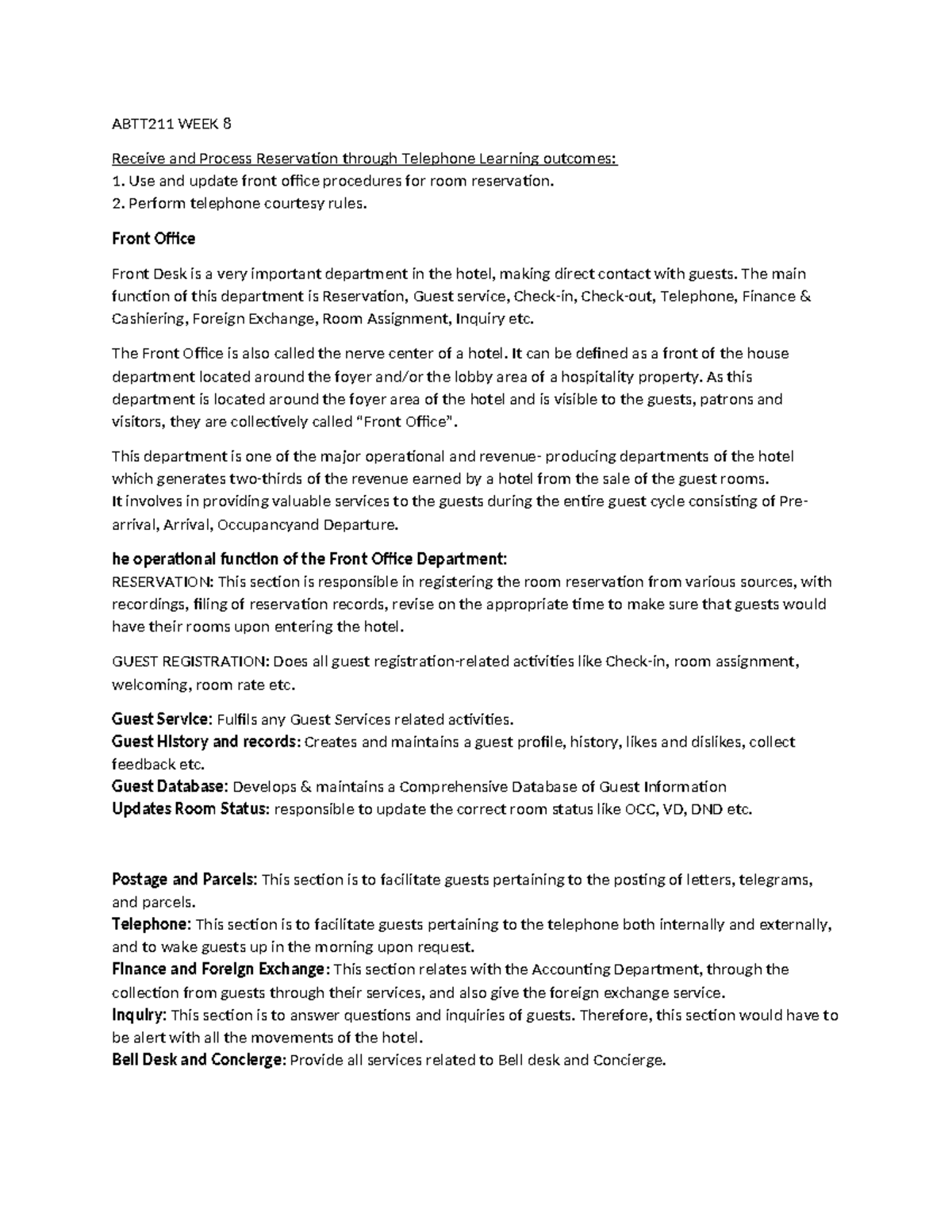 ABTT211 WEEK 8 - Perform telephone courtesy rules. Front Office Front ...
