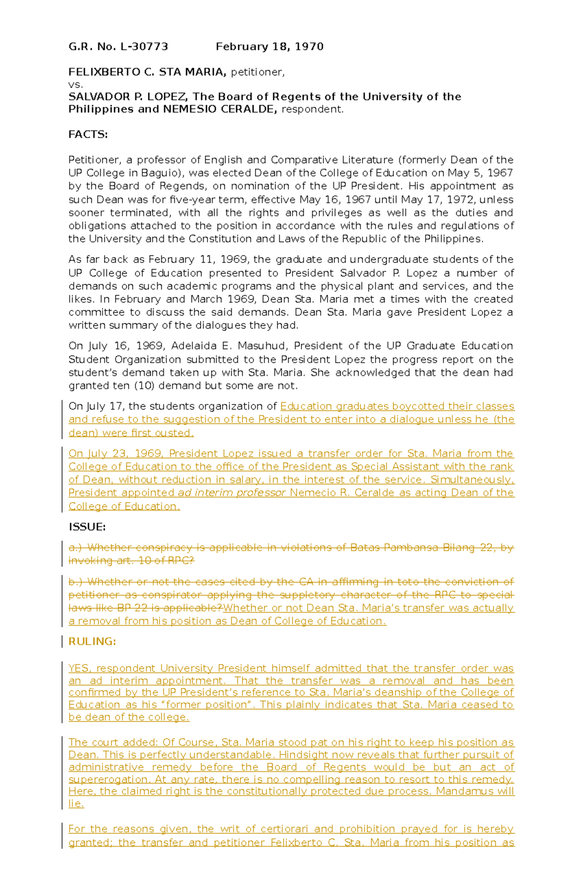 STA - case brief - G. No. L-30773 February 18, 1970 FELIXBERTO C. STA ...
