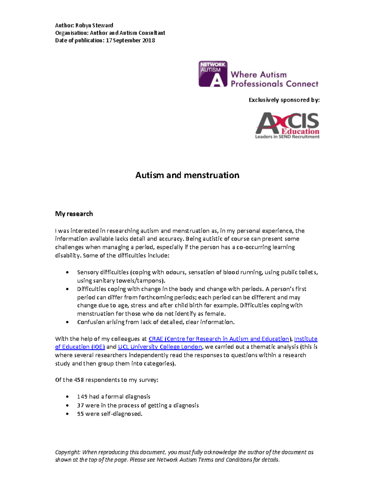 Autism and menstruation - Author: Robyn Steward Organisation: Author ...