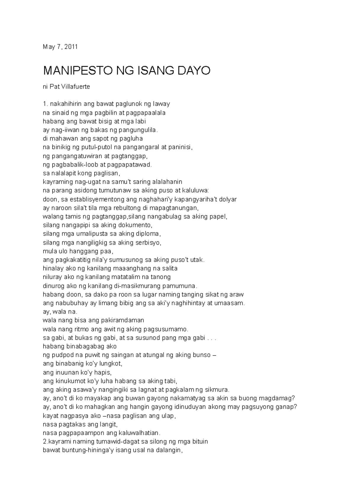 MANIPESTO NG ISANG DAYO - May 7, 2011 MANIPESTO NG ISANG DAYO ni Pat ...