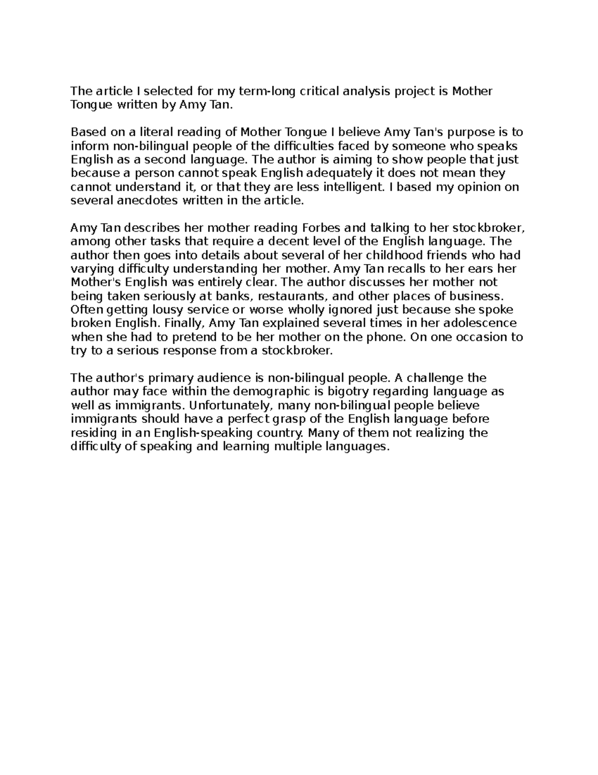 Mother Tongue by Amy Tan's - The article I selected for my term-long ...