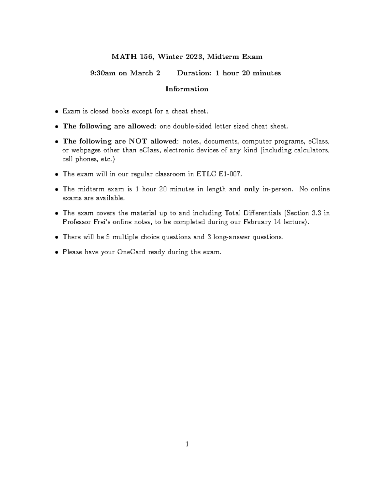 MATH 156 Midterm information - MATH 156, Winter 2023, Midterm Exam 9 ...