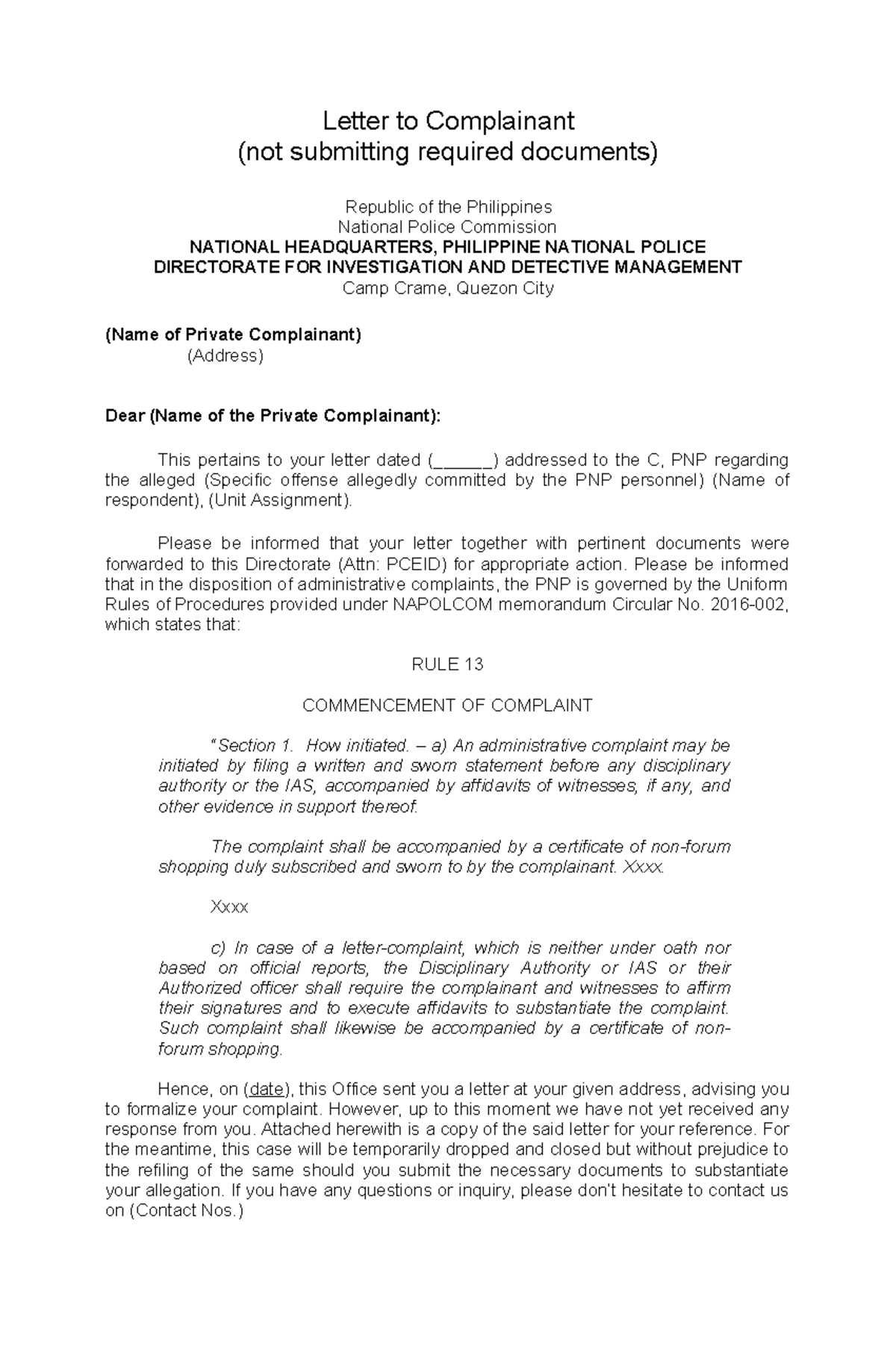 Notice to complainant - Letter to Complainant (not submitting required ...