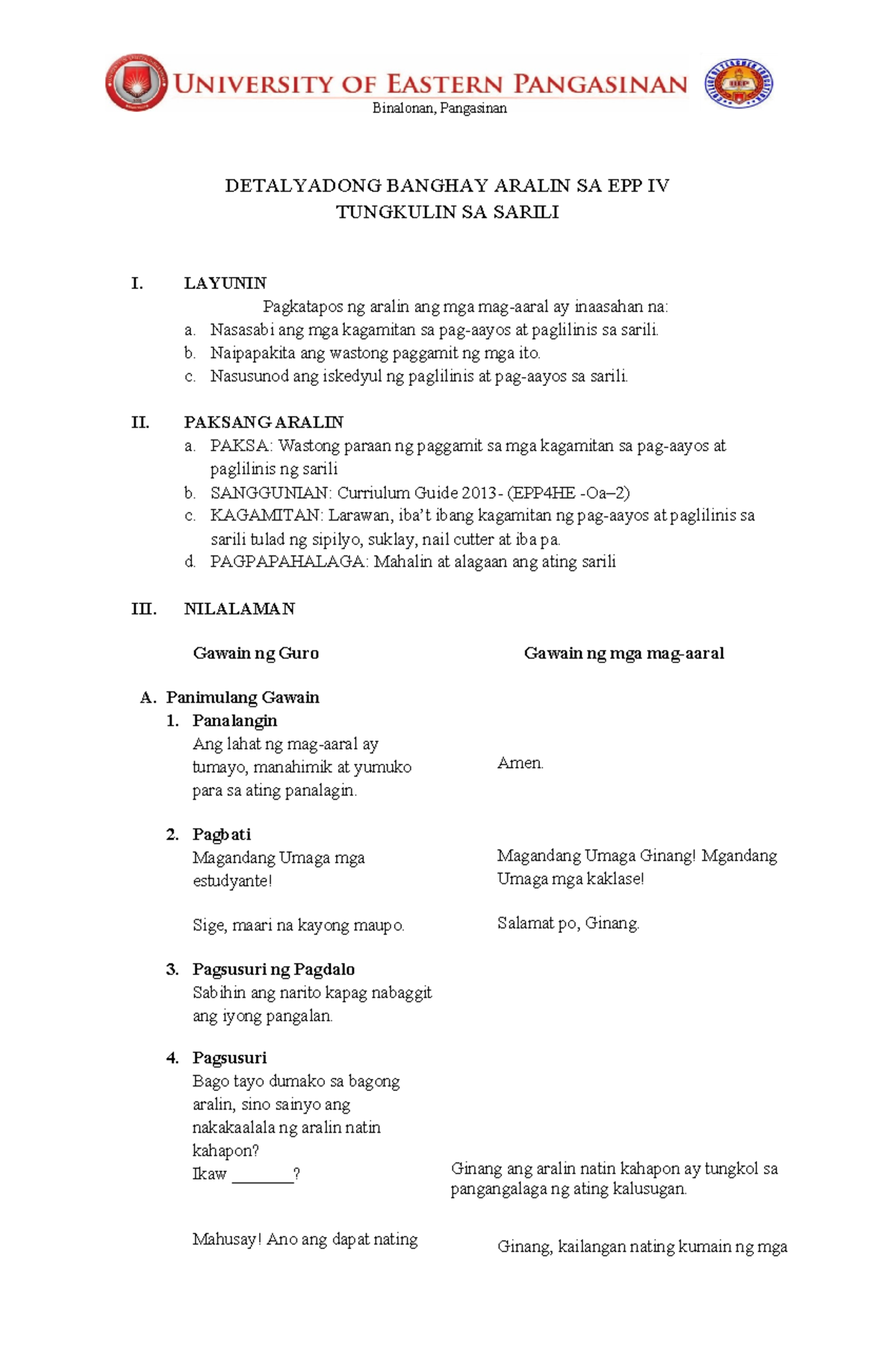 Lesson-Plan-EPP4 Tungkulin sa sarili-Locquiao - BEED - Block 2 ...