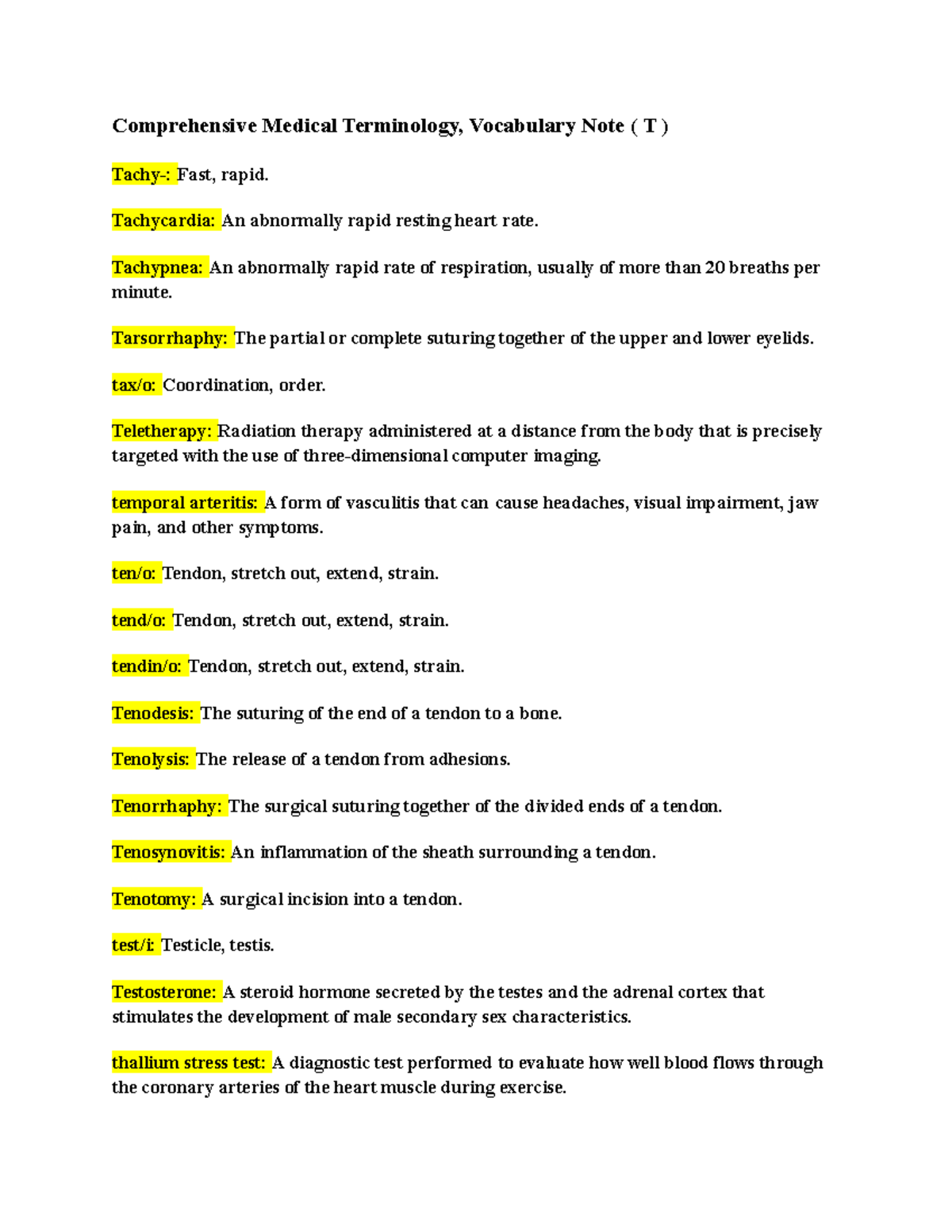 Vocabulary Note ( T ) - Comprehensive Medical Terminology, Vocabulary ...