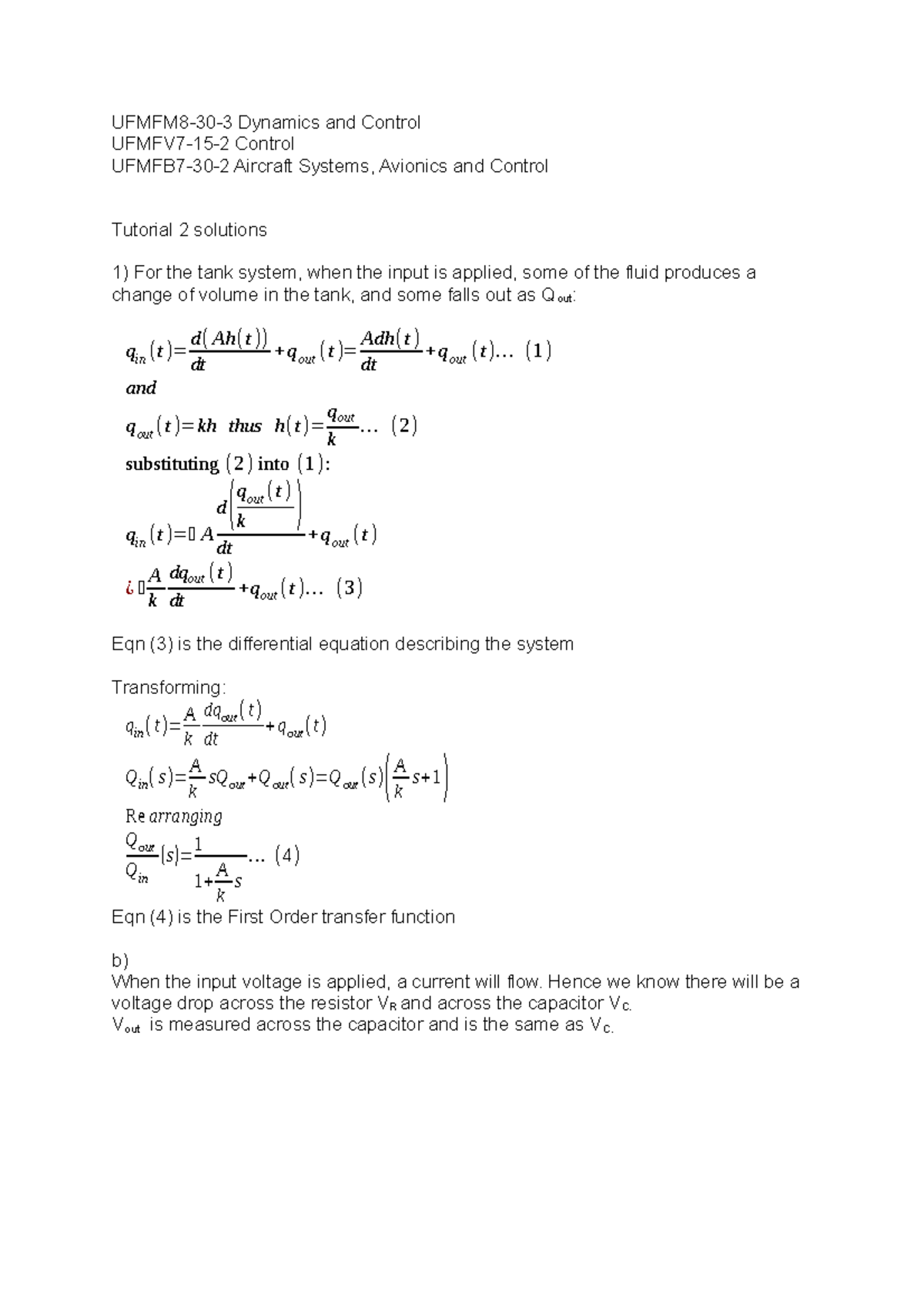 Tutorial 2 solutions - UFMFM8-30-3 Dynamics and Control UFMFV7-15-2 Control UFMFB7-30-2 Aircraft ...