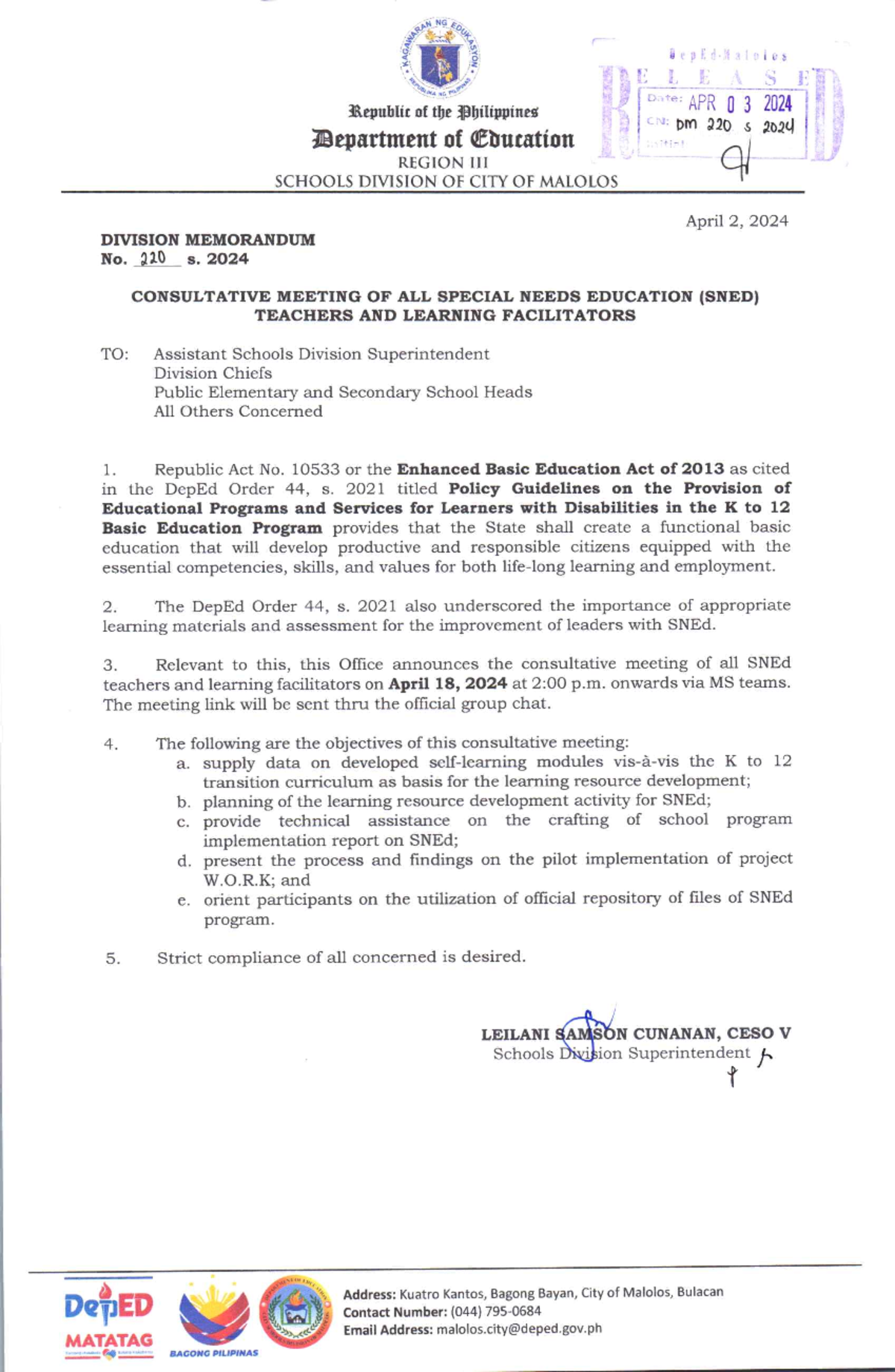 DM 220 s 2024 Consultative Meeting of All Special Needs Education SNED ...