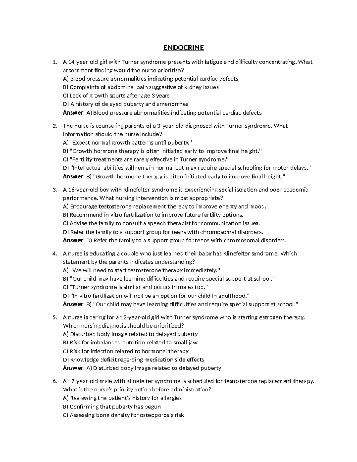 Endocrine Practice Questions - ENDOCRINE A 14-year-old girl with Turner ...