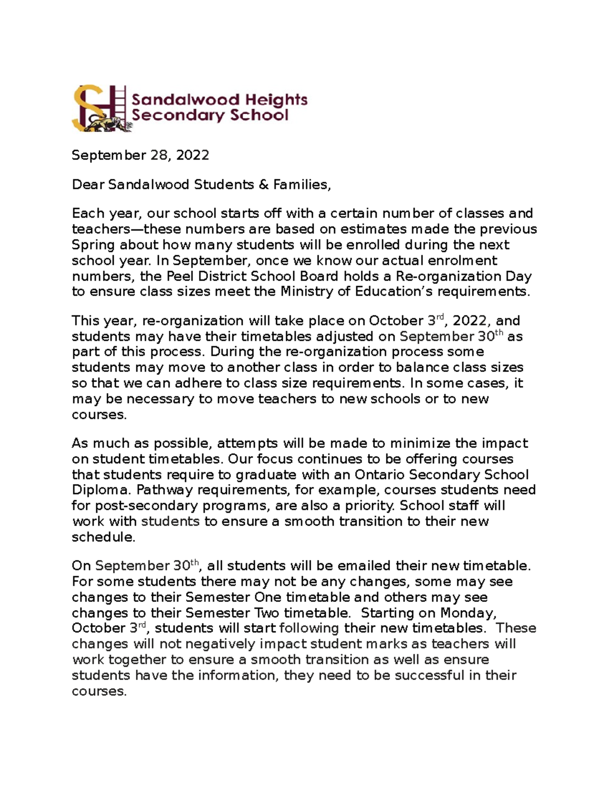 Reorg Letter to Parents - Sept. 28, 2022 - Communicate - September 28 ...