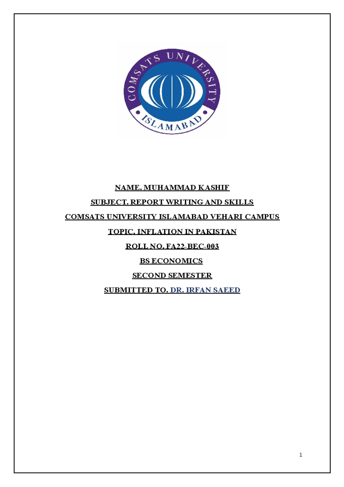 Kashif report-1 - NAME. MUHAMMAD KASHIF SUBJECT. REPORT WRITING AND ...