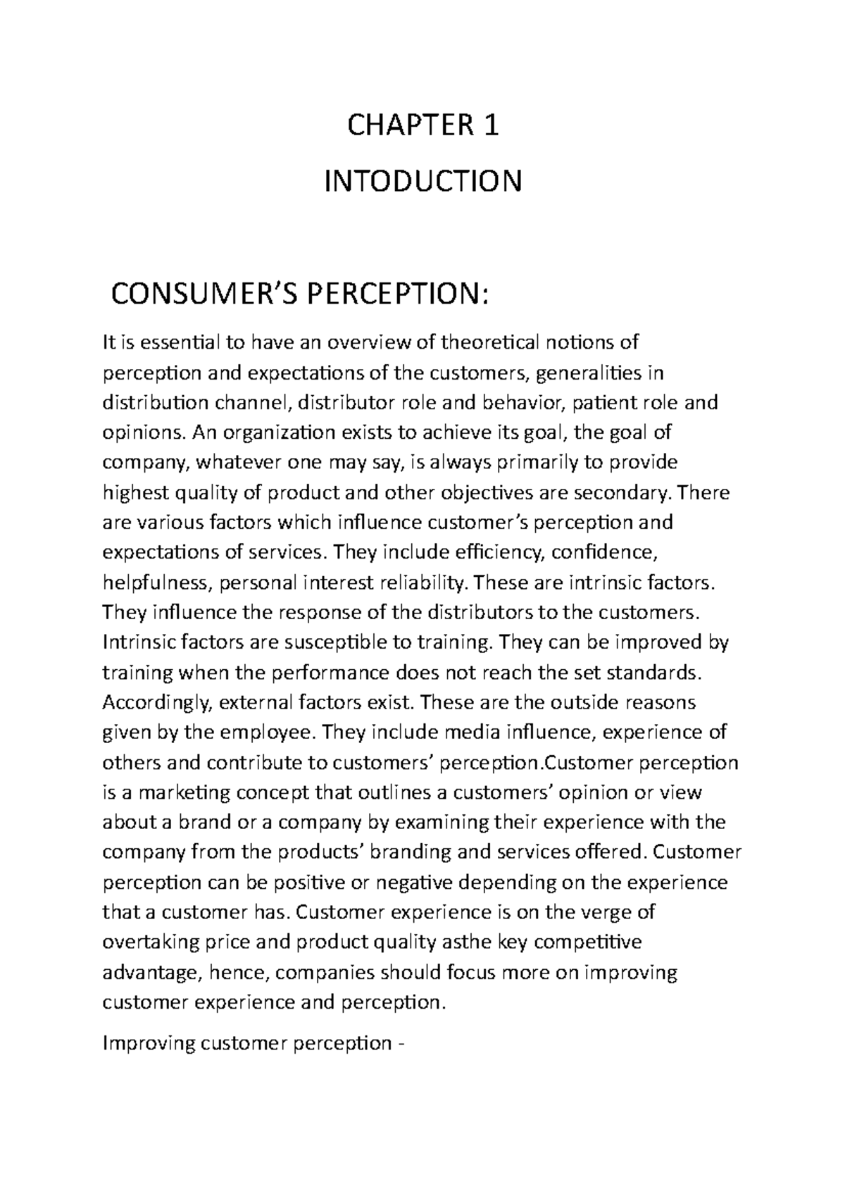 Customer Perception - project work - CHAPTER 1 INTODUCTION CONSUMER’S ...
