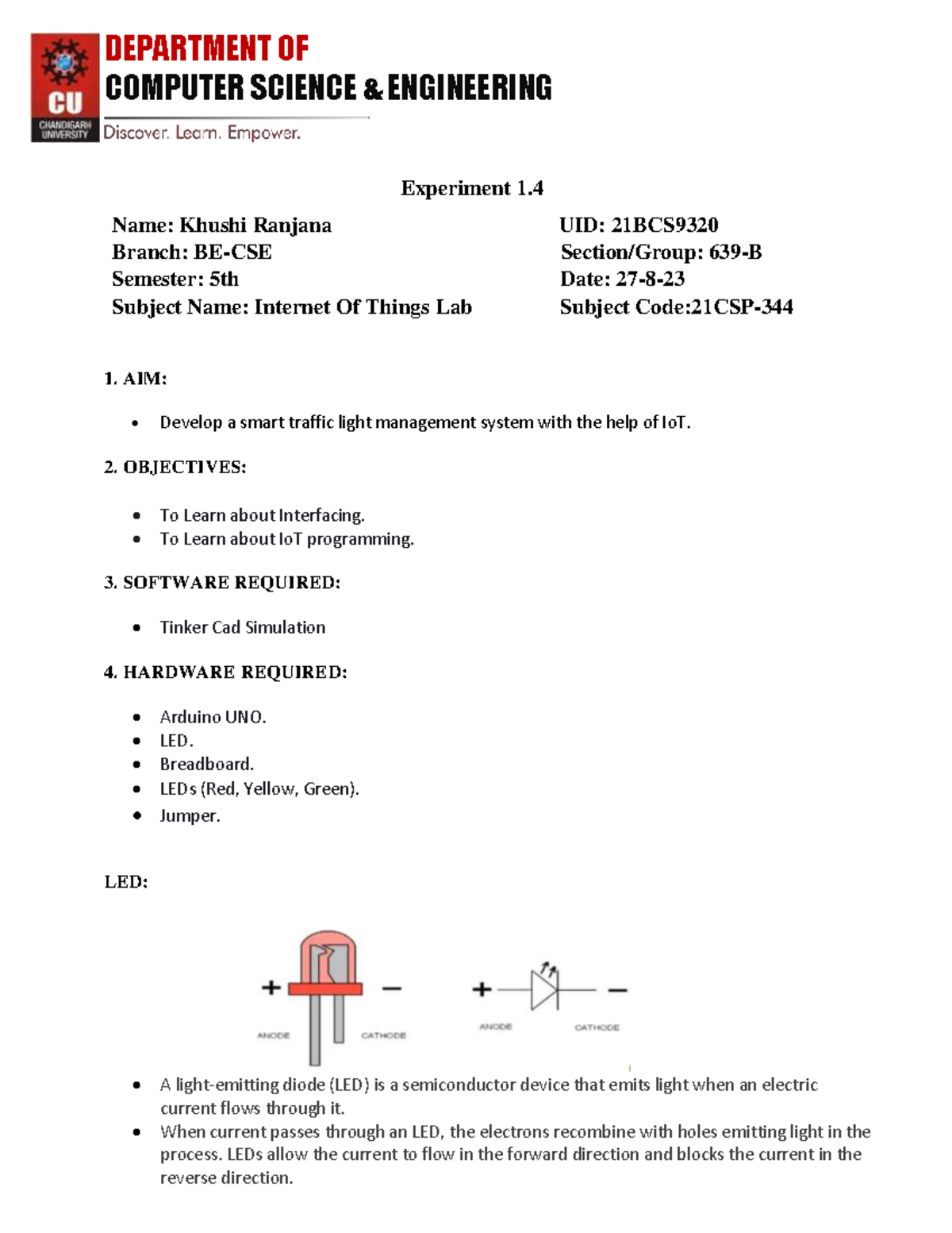 IOT-1.4 Khushi Ranjana - COMPUTER SCIENCE & ENGINEERING Experiment 1. Name: Khushi Ranjana UID ...