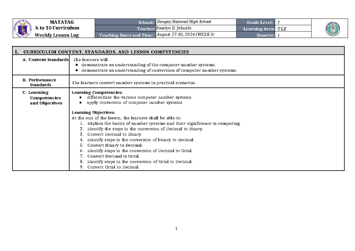exemplar for grade 7-ICT - MATATAG K to 10 Curriculum Weekly Lesson Log ...