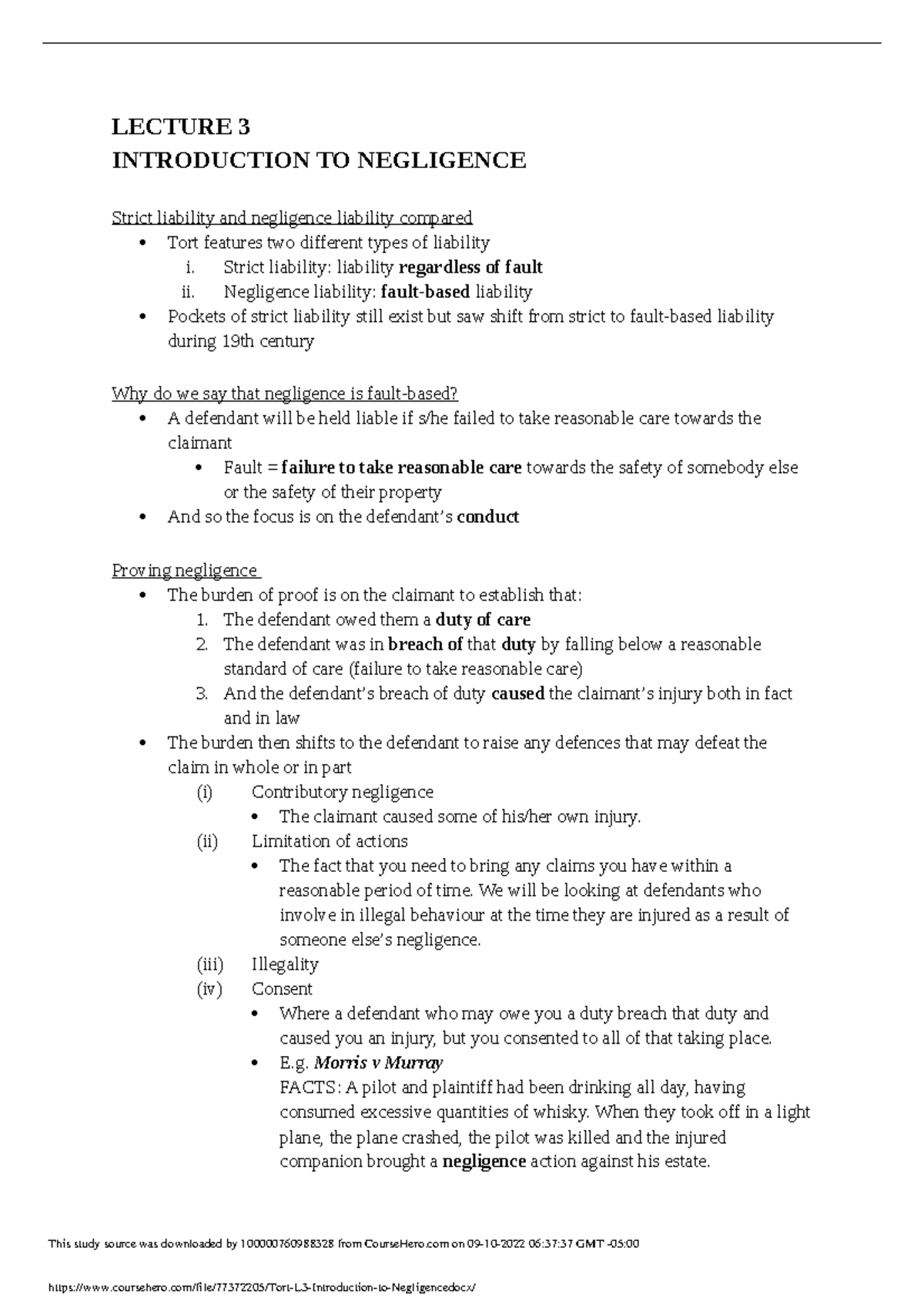 Tort L3 Introduction to Negligence - LECTURE 3 INTRODUCTION TO ...