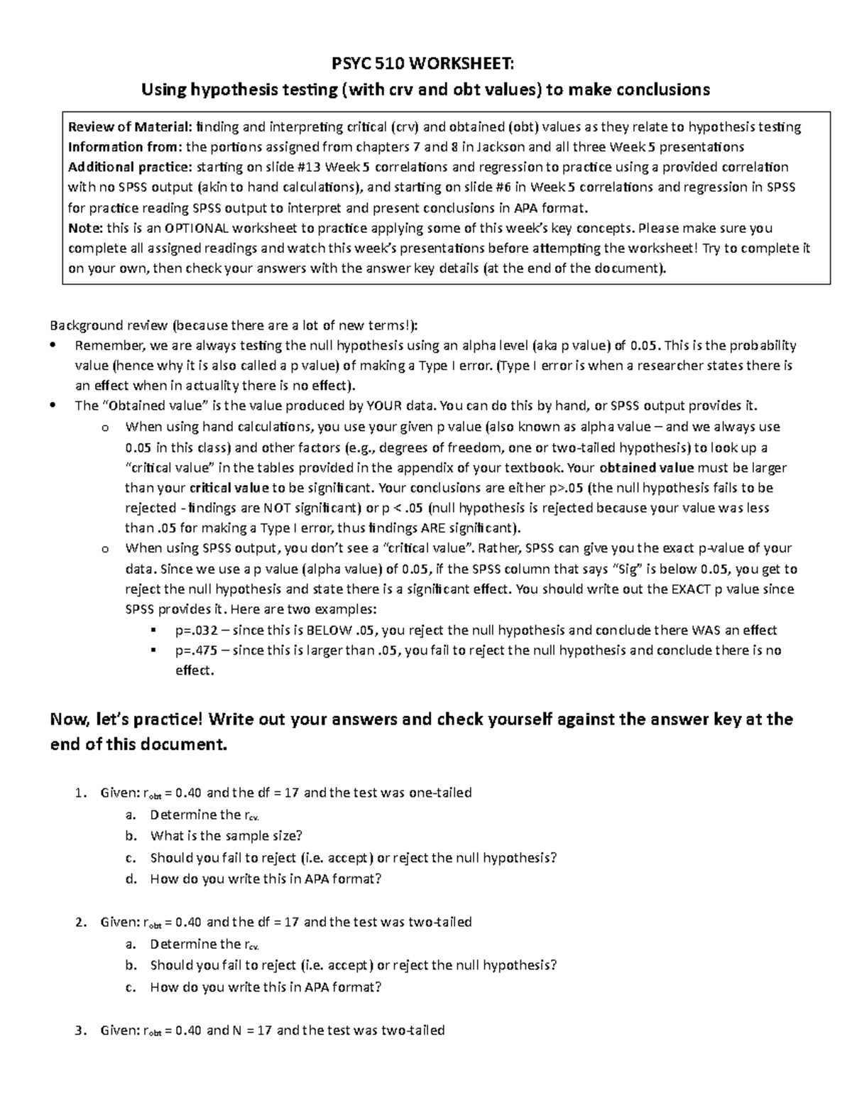Week 5 Hypothesis Testing Practice Worksheet - PSYC 510 WORKSHEET ...