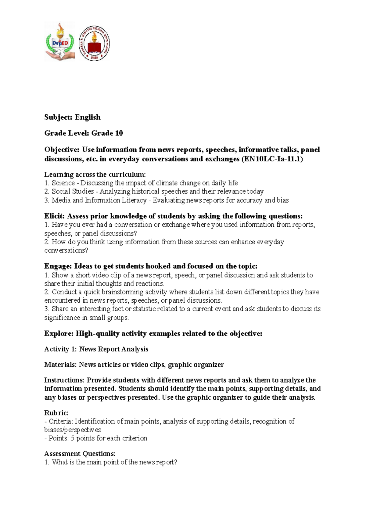 Lesson plan - Subject: English Grade Level: Grade 10 Objective: Use ...