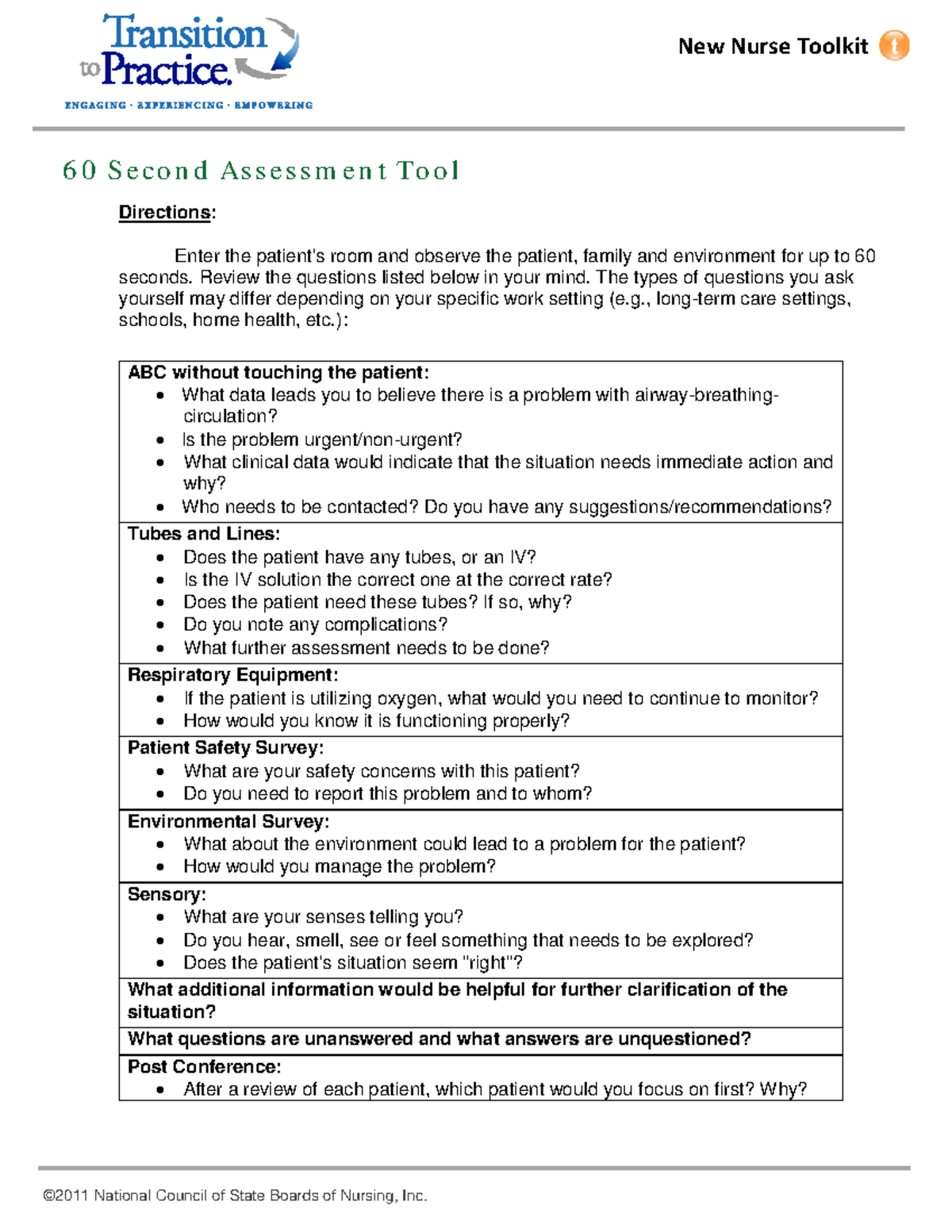 60Second Assessment Tool - New Nurse Toolkit ©2011 National Council of ...