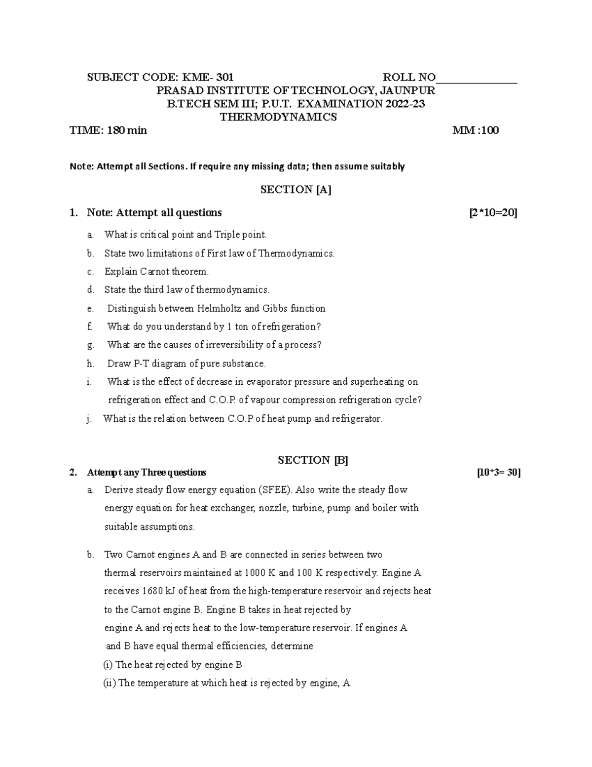 KME301 Thermodynamics Question paper (PUT) - SUBJECT CODE: KME- 301 ...