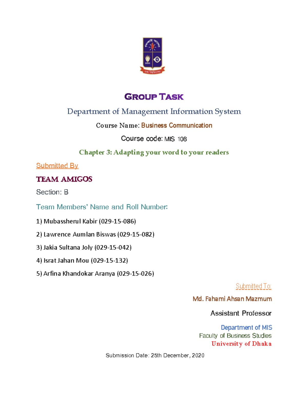 Team Work assignment 3 - Department of Management Information System ...