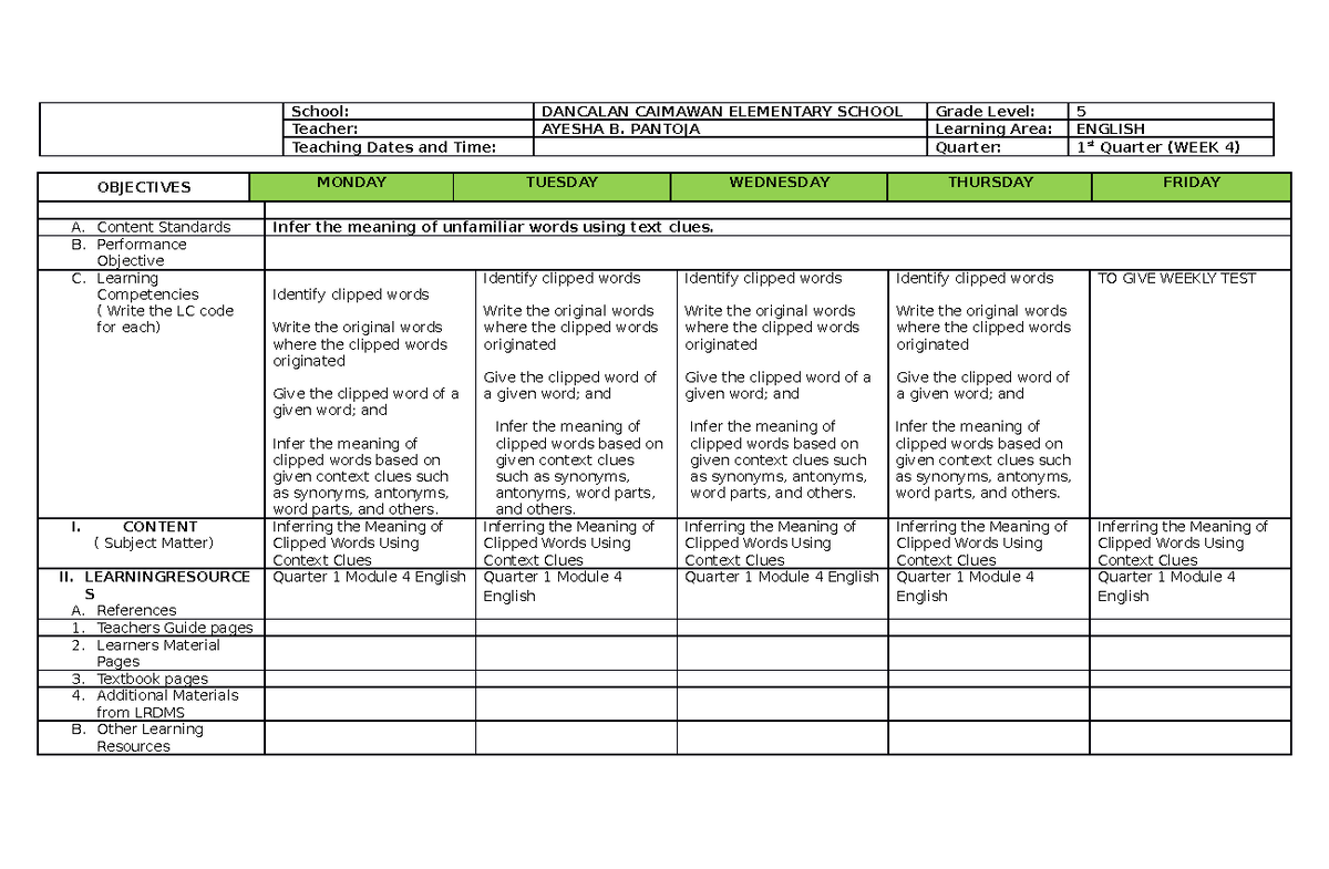DLL WEEK 4 ENG - nmbnvcgdgdgxgxg - School: DANCALAN CAIMAWAN ELEMENTARY ...