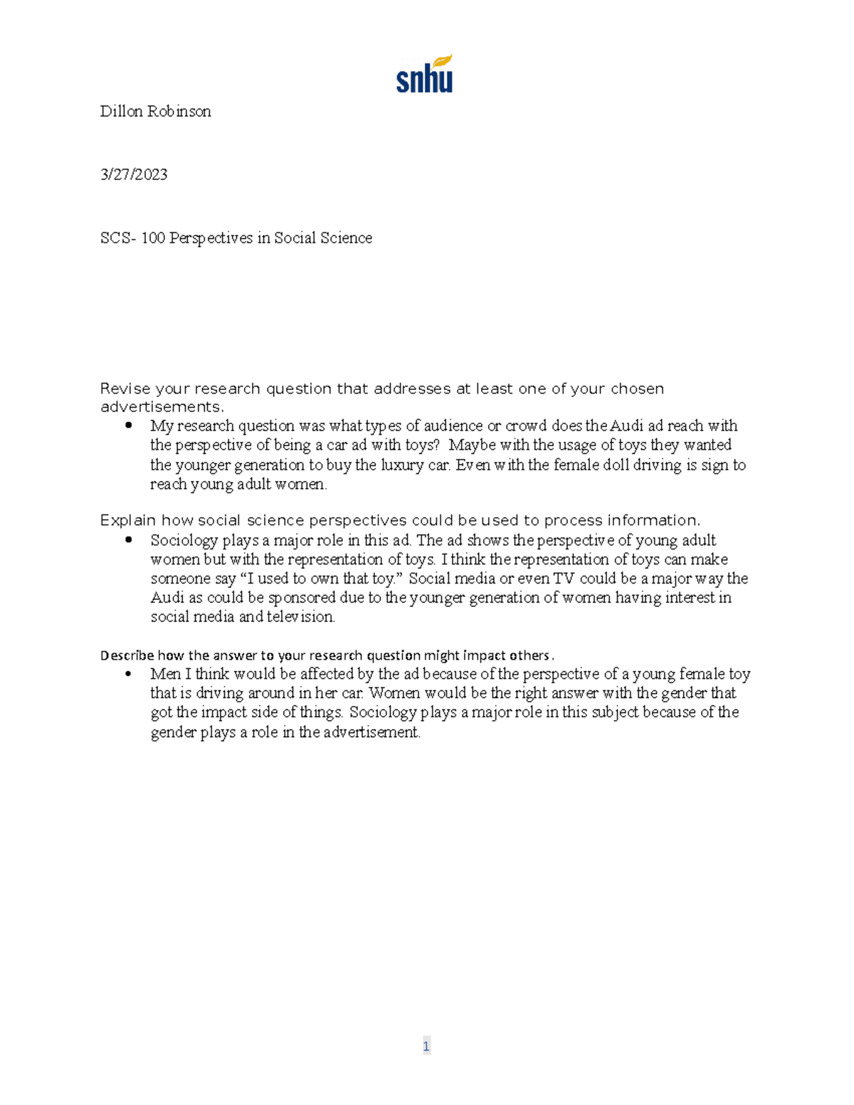 SCS 100 Module Five Activity - Dillon Robinson 3/27/ SCS- 100 ...