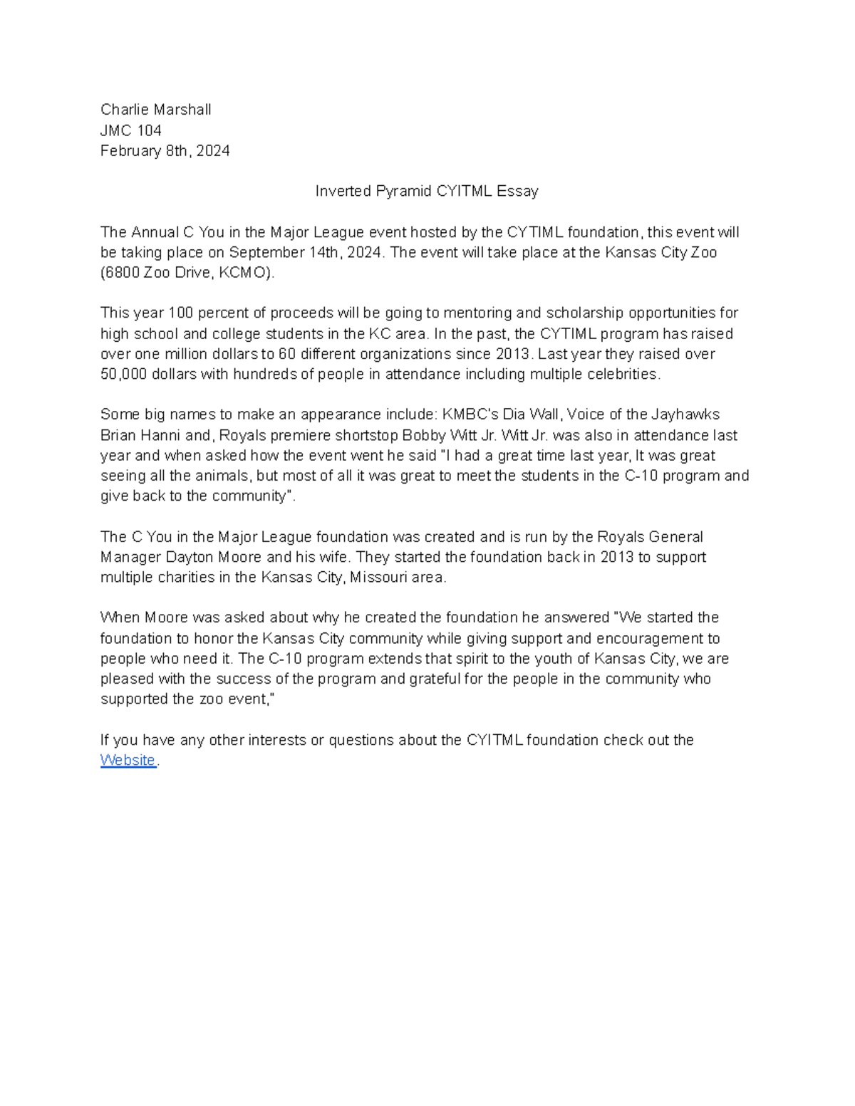 Inverted Pyramid Cyitml Essay - JMC 104 - Google Docs - Charlie ...