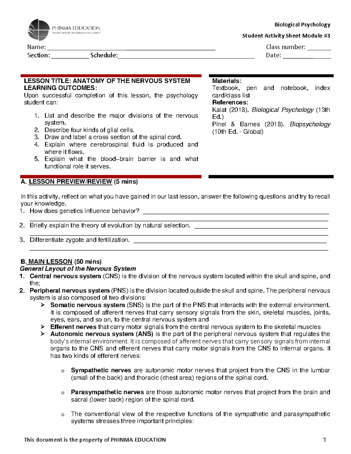 SAS Module 3 Anatomy OF THE Nervous System - Student Activity Sheet Module # Name: - Studocu