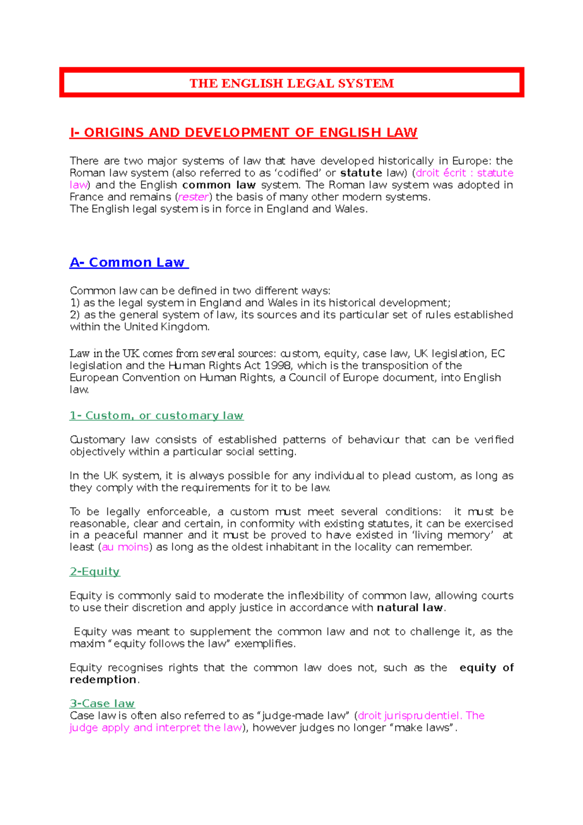 THE English Legal System fiche - THE ENGLISH LEGAL SYSTEM I- ORIGINS AND DEVELOPMENT OF ENGLISH ...