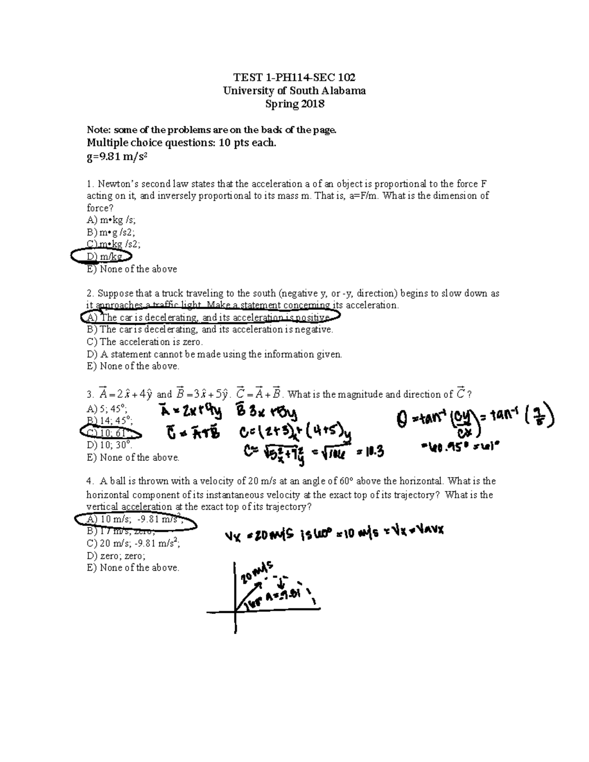 Physics I practice tests - TEST 1-PH114-SEC 102 University of South ...