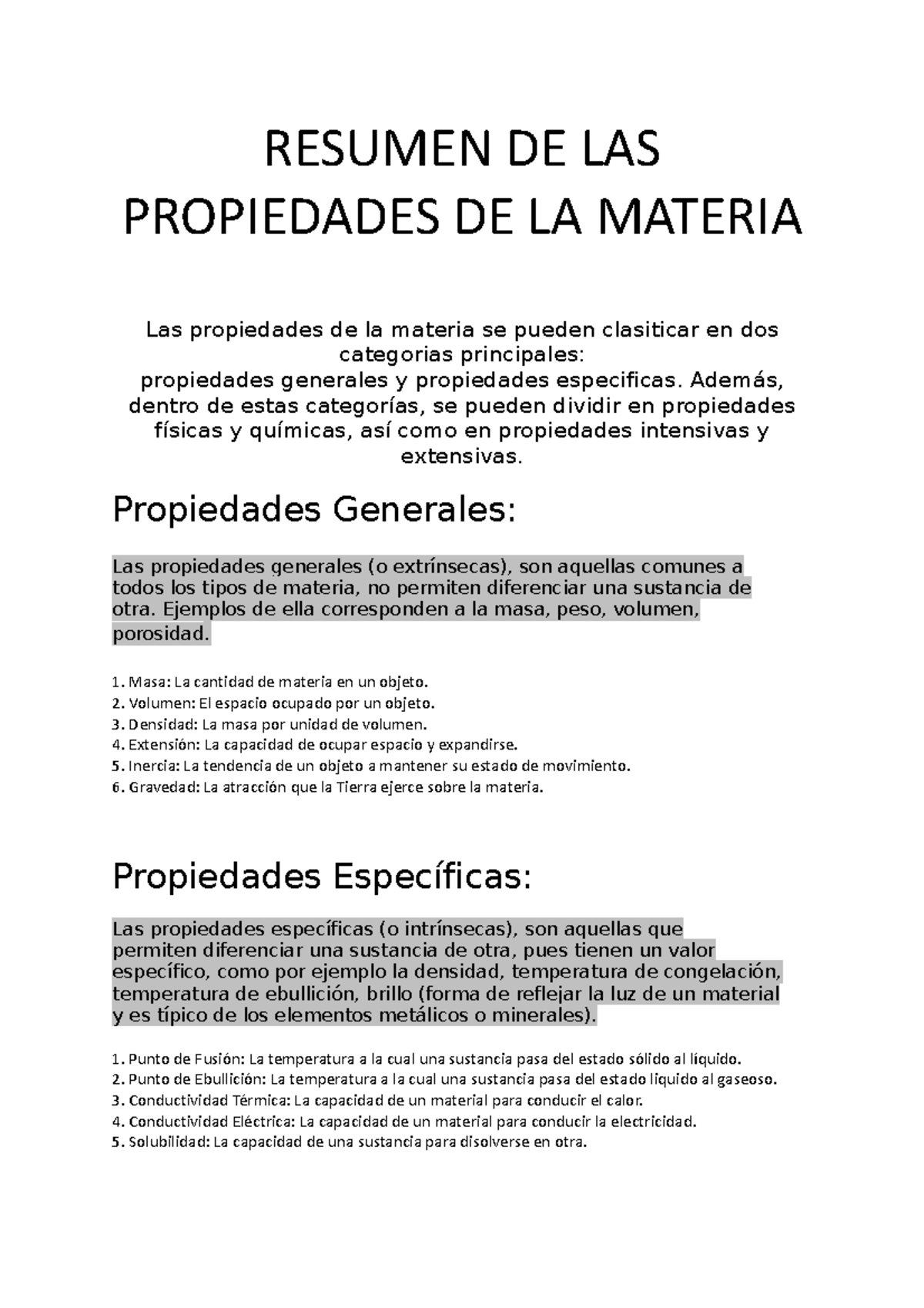 Resumen DE LAS Propiedades DE LA Materia 1 - RESUMEN DE LAS PROPIEDADES ...