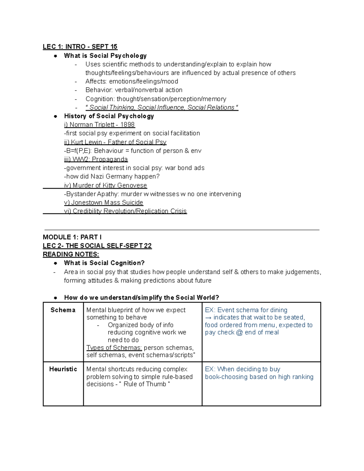 Psy220 lec notes tt1 - LEC 1: INTRO - SEPT 15 What is Social Psychology ...
