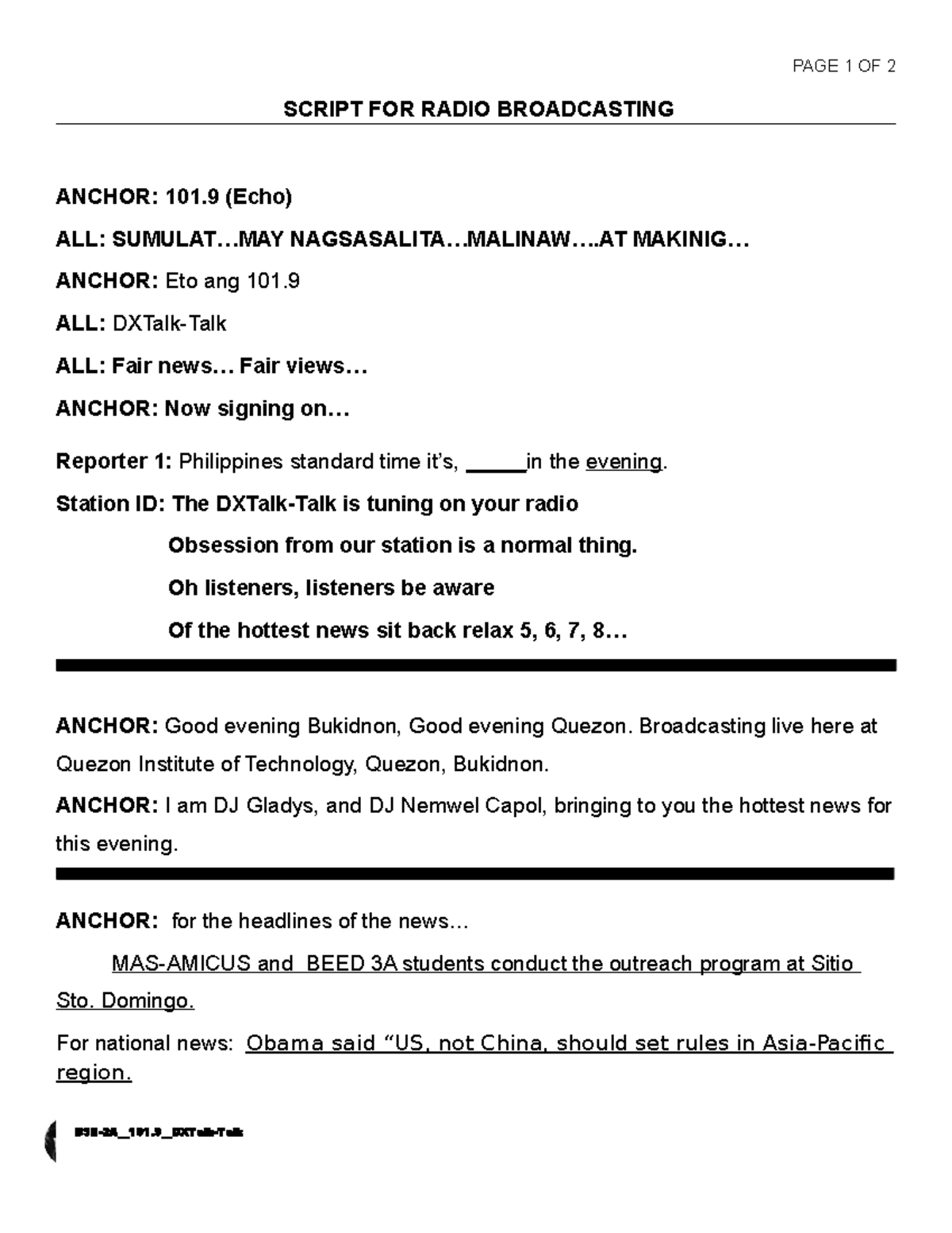 Script FOR Radio Broadcasting - SCRIPT FOR RADIO BROADCASTING ANCHOR ...