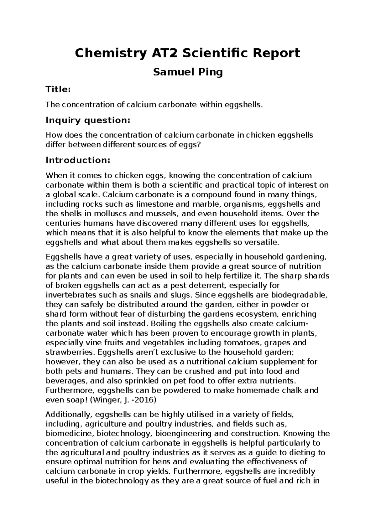 Chem AT2 scientific report - Chemistry AT2 Scientific Report Samuel ...