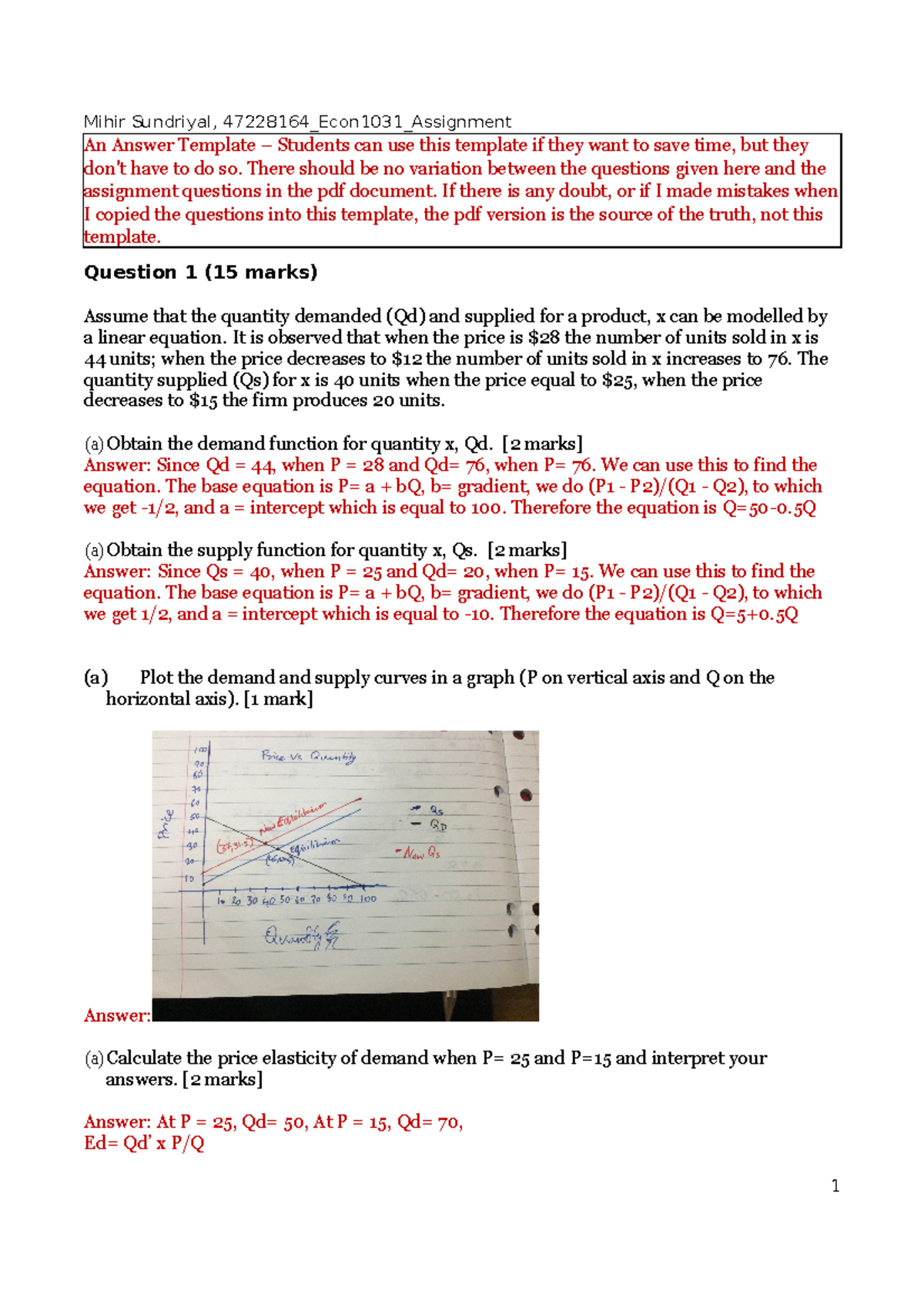 ECON1031 Assignment- MATH ASSIGNMENT WEEKS 1-6 - An Answer Template ...
