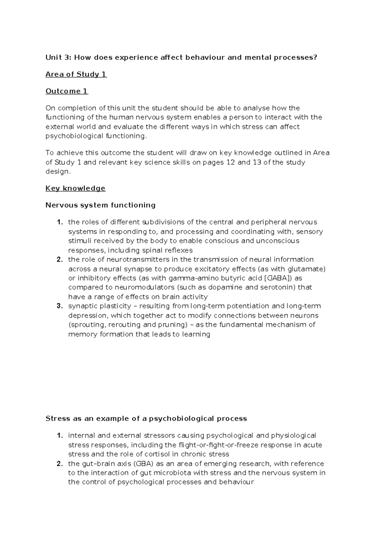 Psych key knowledge points - Unit 3: How does experience affect ...