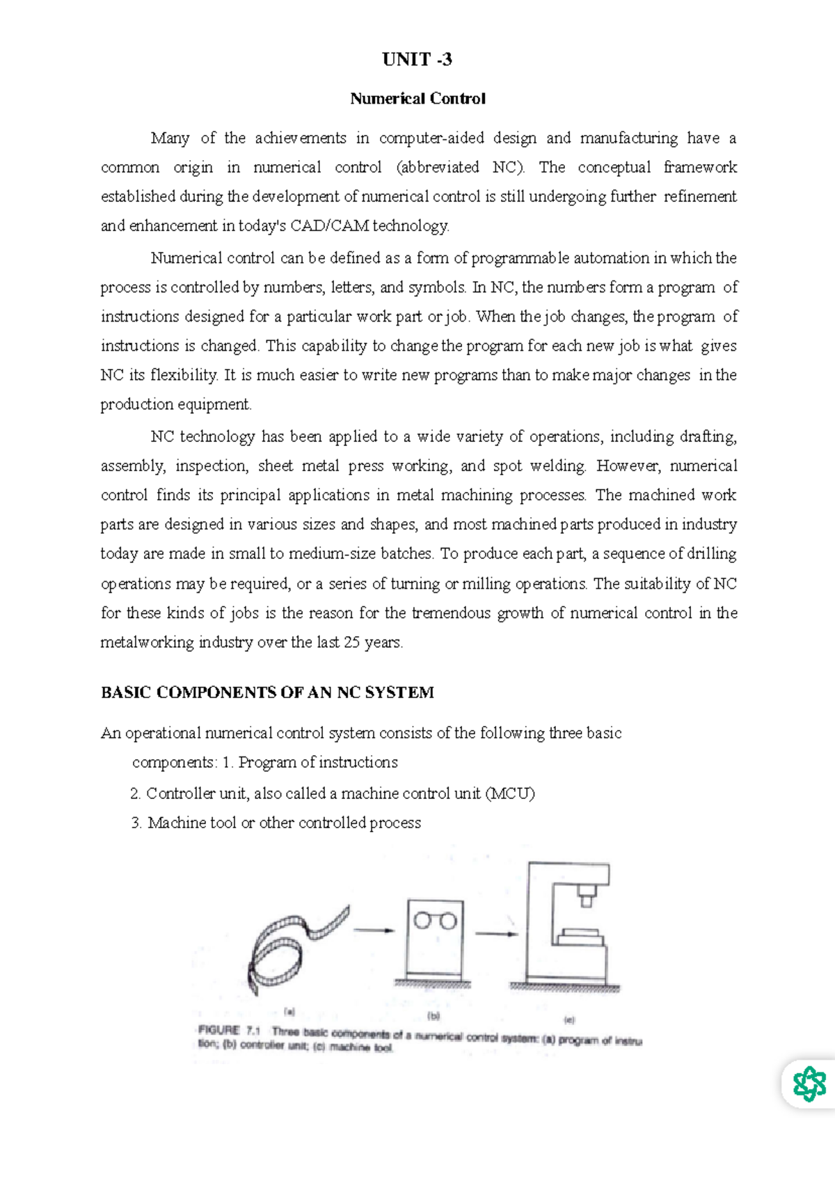 Unit 3 notes cad cam - UNIT - Numerical Control Many of the ...