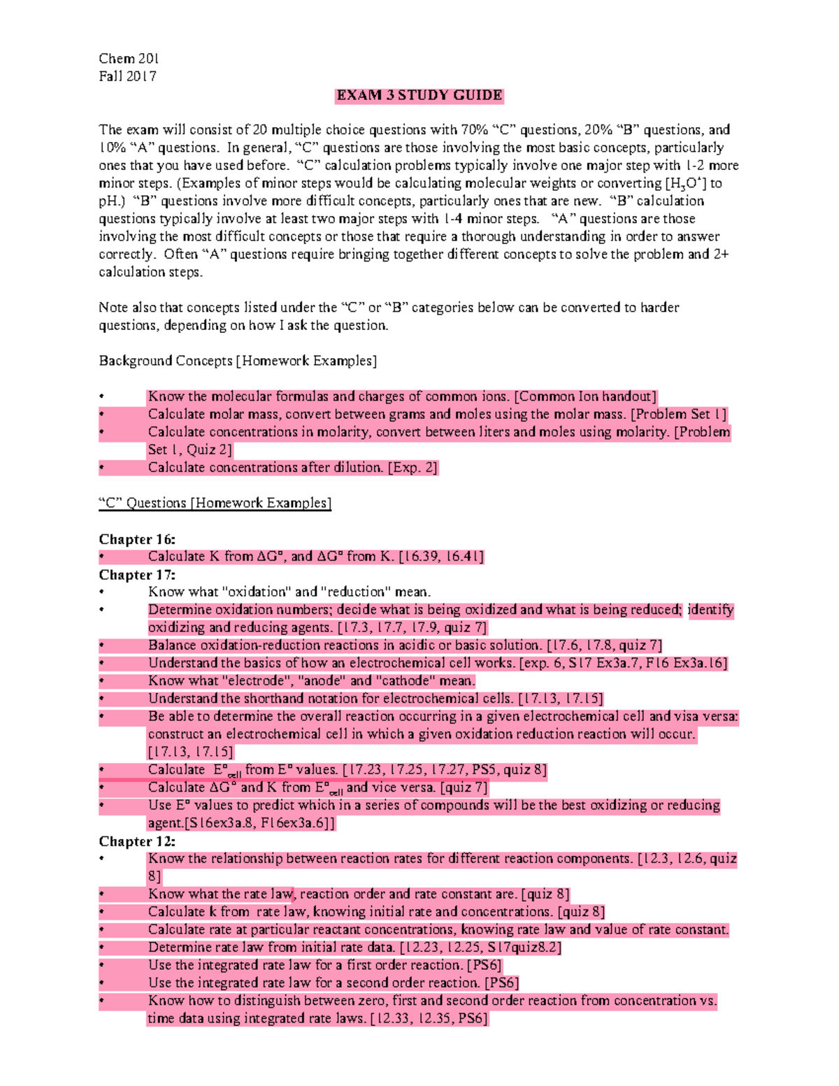 Exam 3 study guide - Chem 201 Fall 2017 EXAM 3 STUDY GUIDE The exam ...