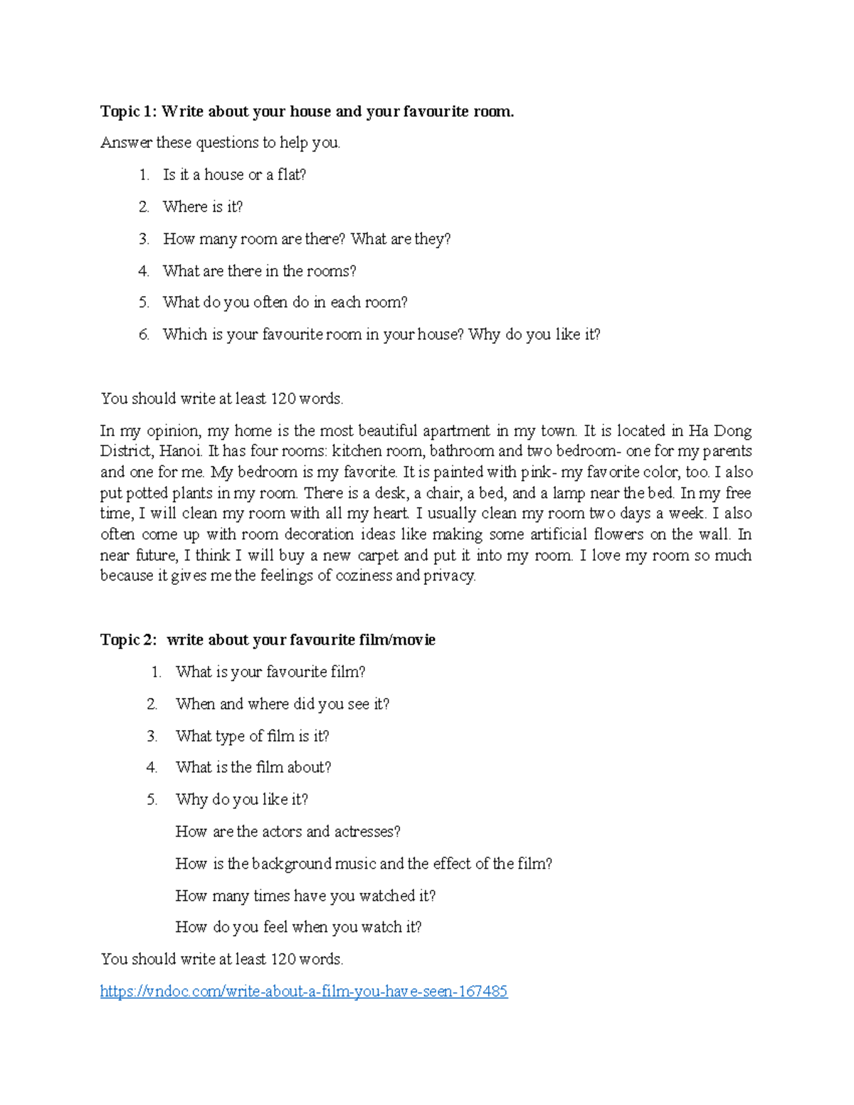 Writing Topics - Tiếng ANH - Topic 1: Write about your house and your ...