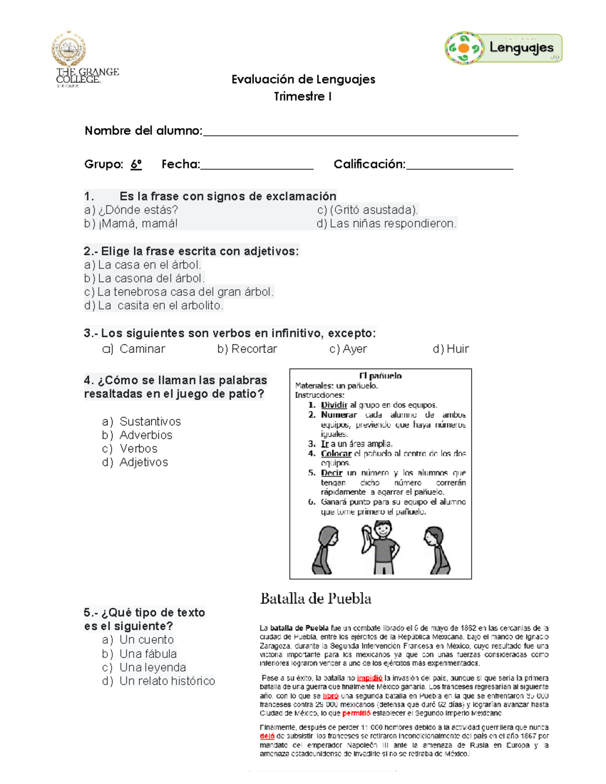 Exámen Lenguajes Trimestre I, Sexto Grado - Evaluación de Lenguajes Trimestre I Nombre del - Studocu