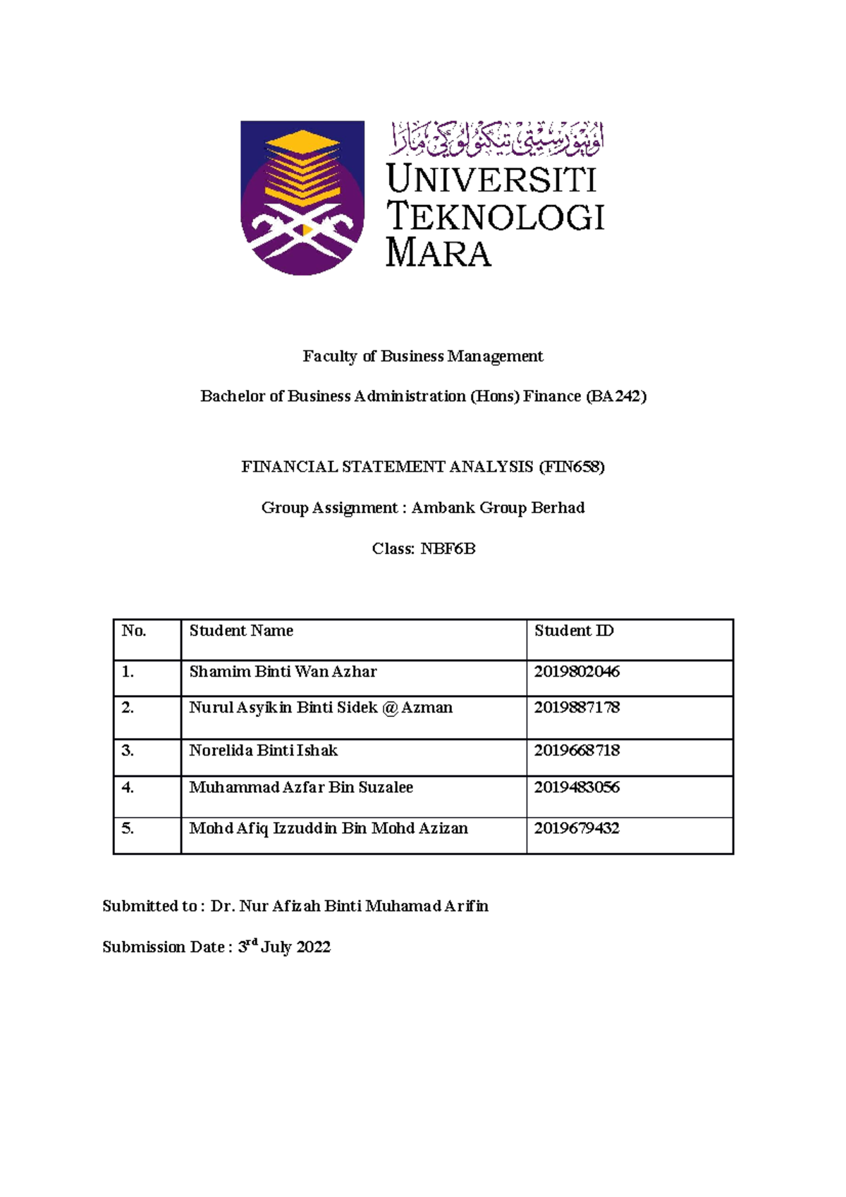 Financial Analysis Ambank FIN658 - Faculty of Business Management Bachelor of Business - Studocu