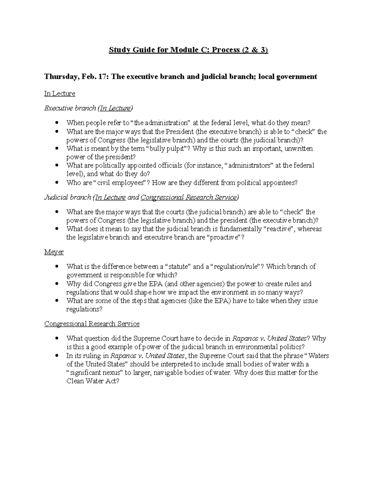 Study Guide for C-2 & C-3, Executive branch and judical branch; local ...