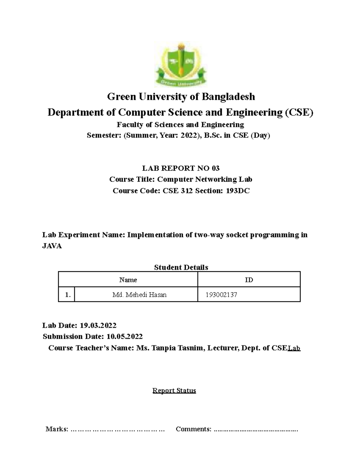 193002044 Lab Report 03 - Green University of Bangladesh Department of ...