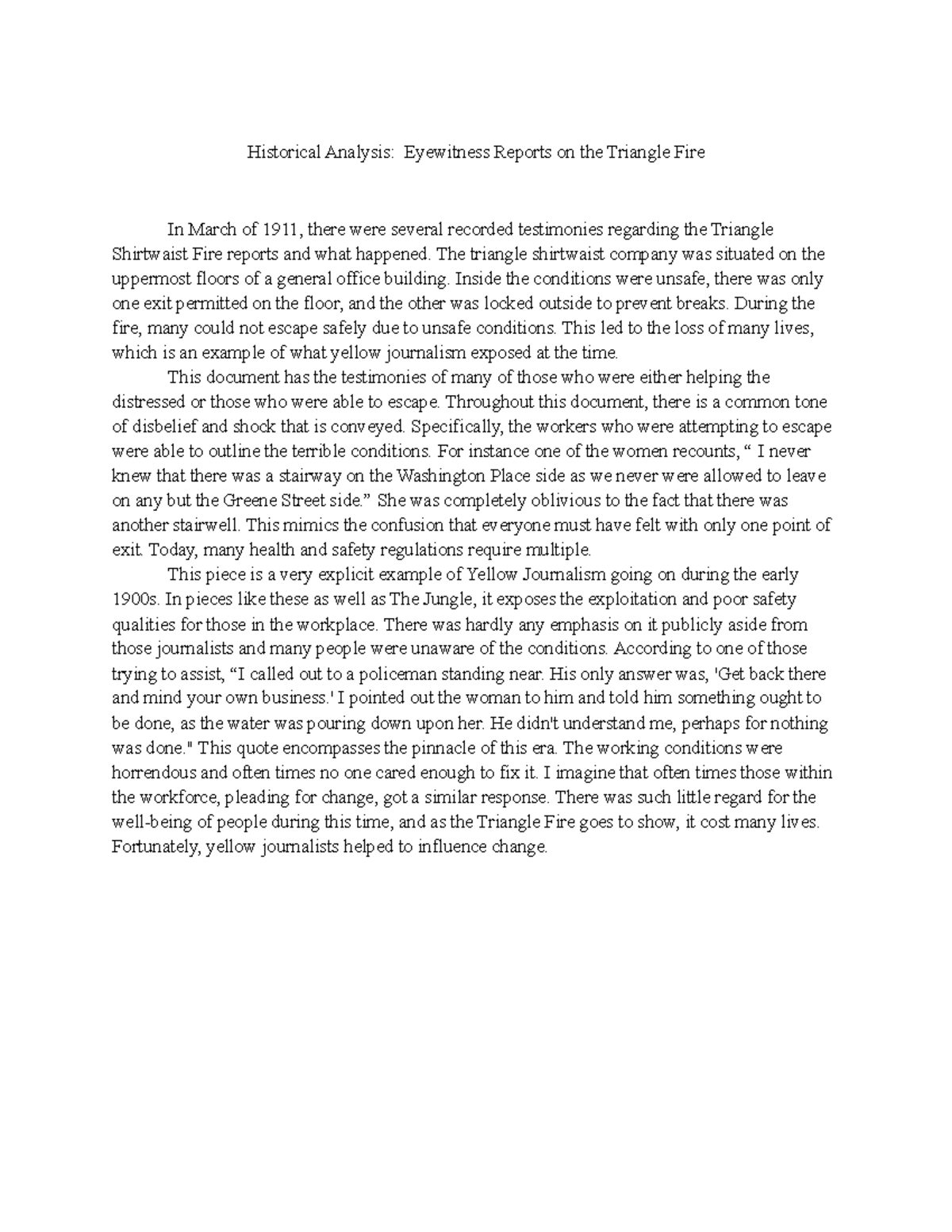 Historical Analysis Eyewitness Reports on the Triangle Fire - HIST 2110 ...
