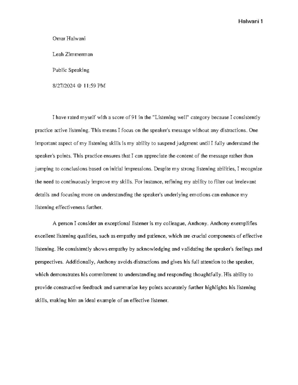 Module 1 Assignment Listening Skills Reflection - Halwani 1 Omar ...