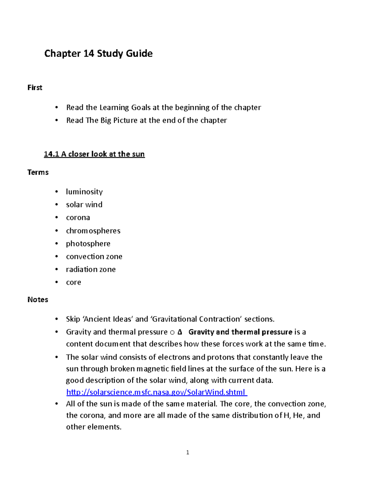 Nats - Chapter 14 Study Guide - Our Sun - Chapter 14 Study Guide First • Read the Learning Goals ...