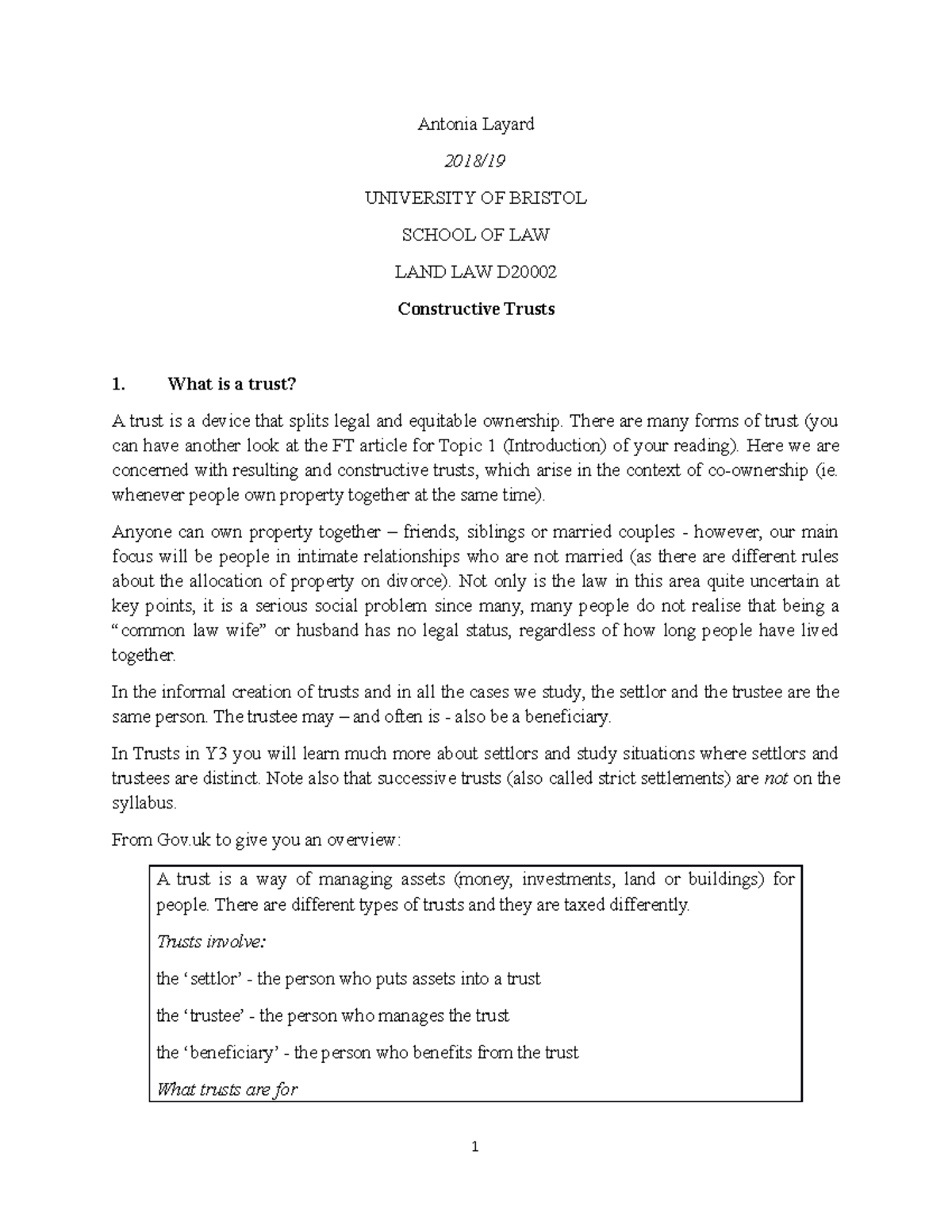 Constructive Trusts Lecture Notes 2018-19 Final - Antonia Layard 2018/ ...