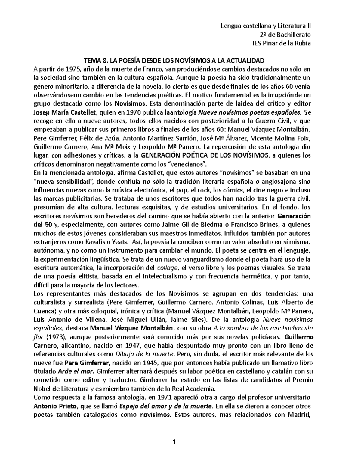 TEMA 8. LA Poesía Desde LOS Novísimos A LA Actualidad - Lengua ...